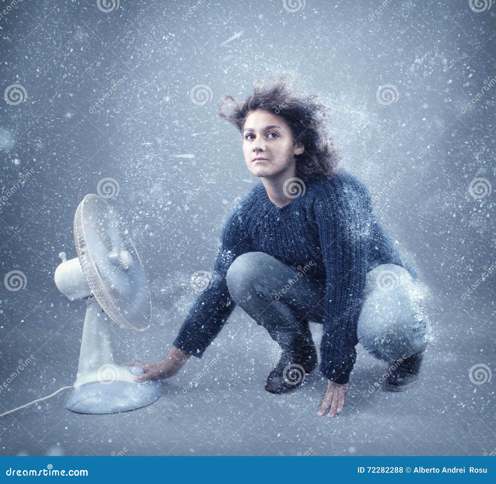 Frozen Girl beside a Powerful Fan Stock Photo - Image of beauty ...