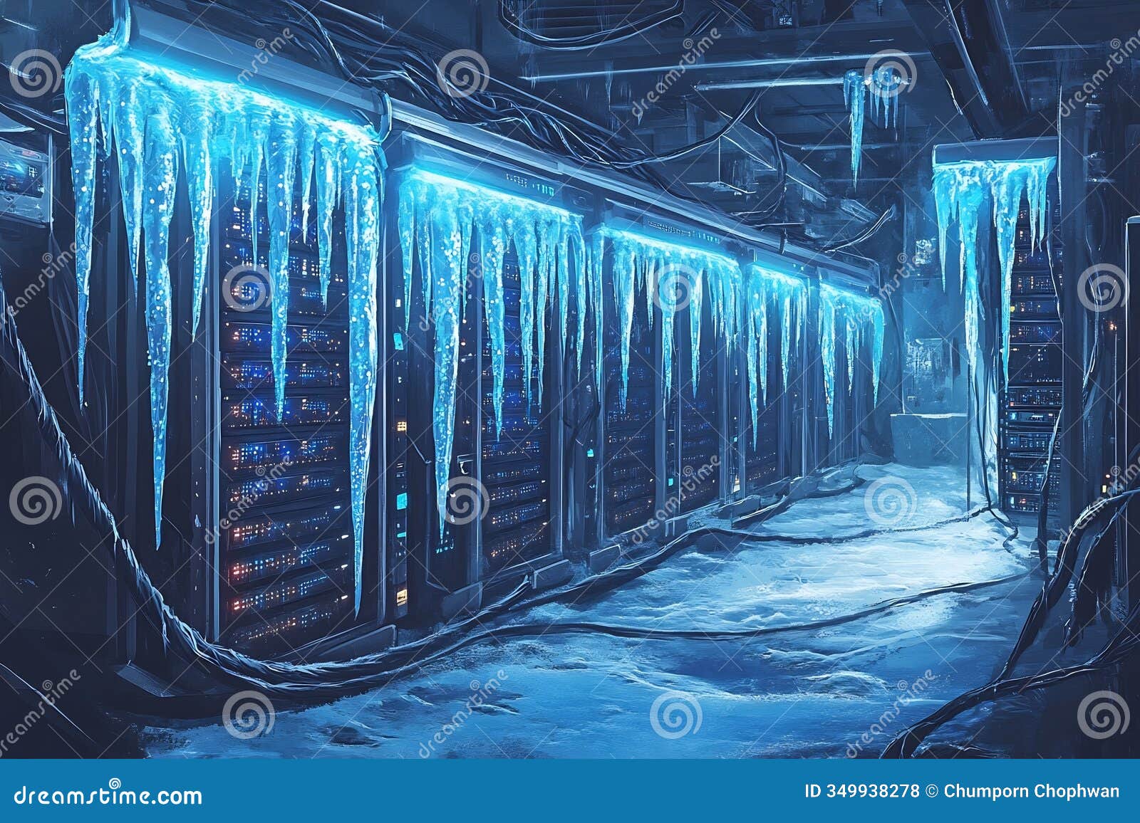 Frozen High Tech Server Room with Glowing Blue Icicle Cables in Chilly ...