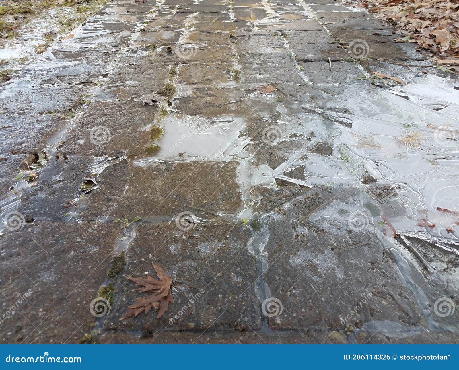 Frozen Ice on Brick or Tile Walkway in Winter Stock Photo - Image of ...
