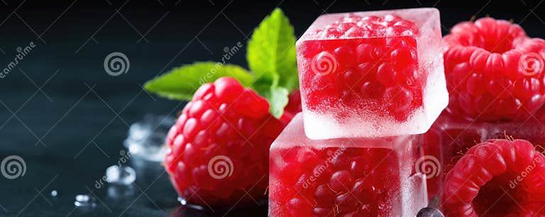 Frozen Ice Cube with Raspberry AI Generated Stock Image - Image of ...
