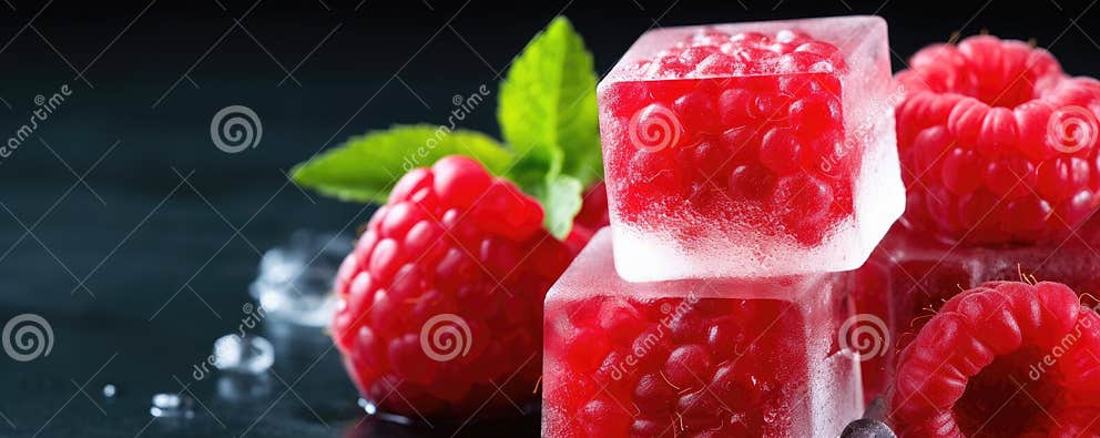 Frozen Ice Cube with Raspberry AI Generated Stock Image - Image of ...