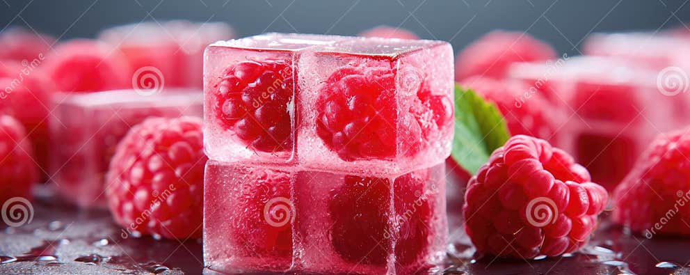 Frozen Ice Cube with Raspberry AI Generated Stock Photo - Image of ...
