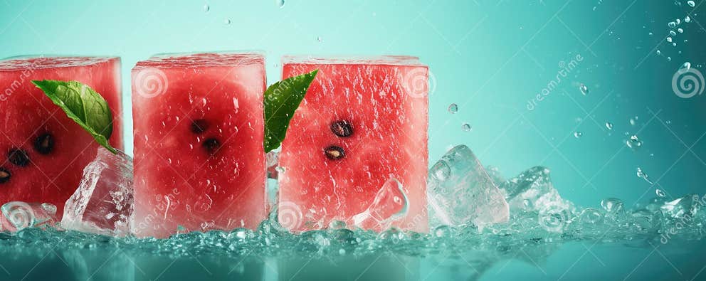 Frozen Ice Cube with Watermelon AI Generated Stock Image - Image of ...