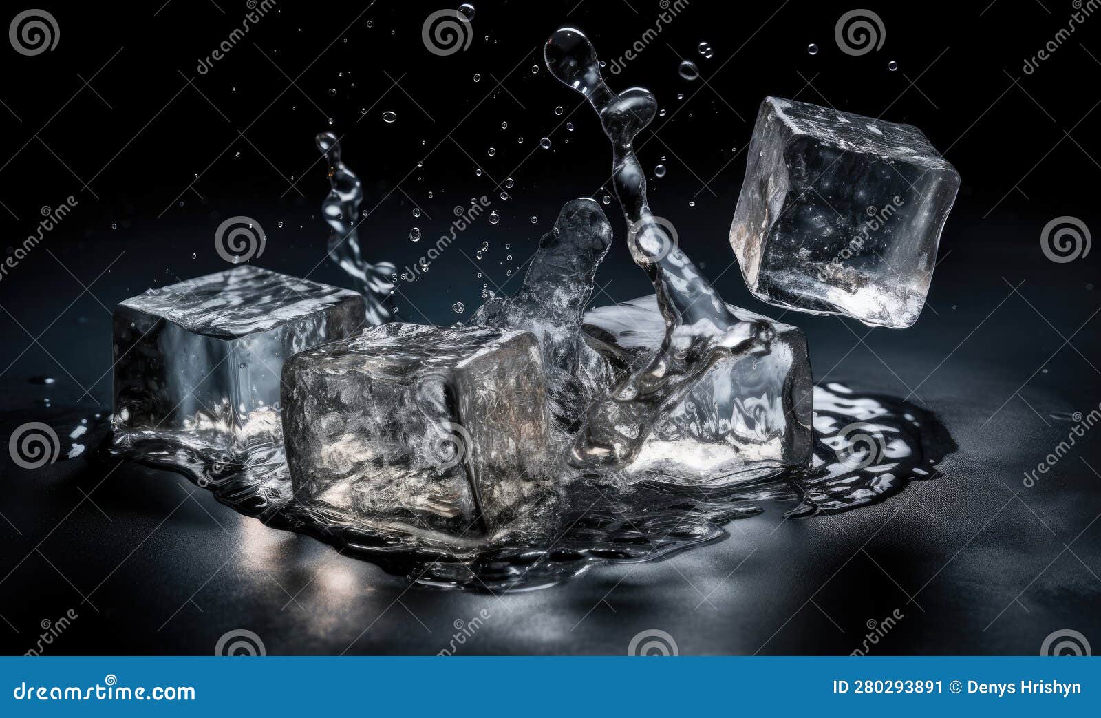 Frozen Ice Cubes Melting into Glass of Cold Water. Creating Using ...