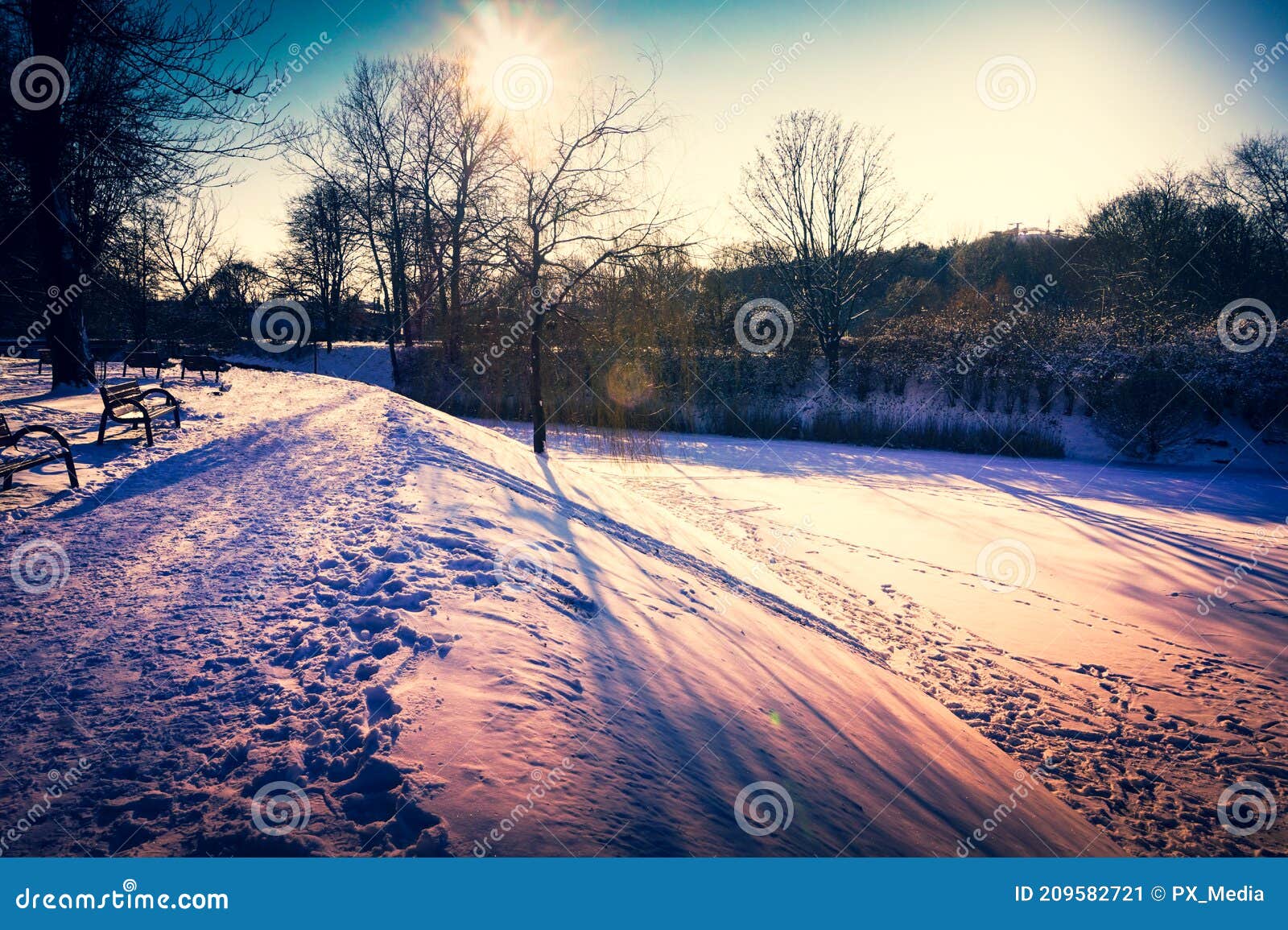 Frozen Lake Covered with Snow in Winter Stock Image - Image of glare ...