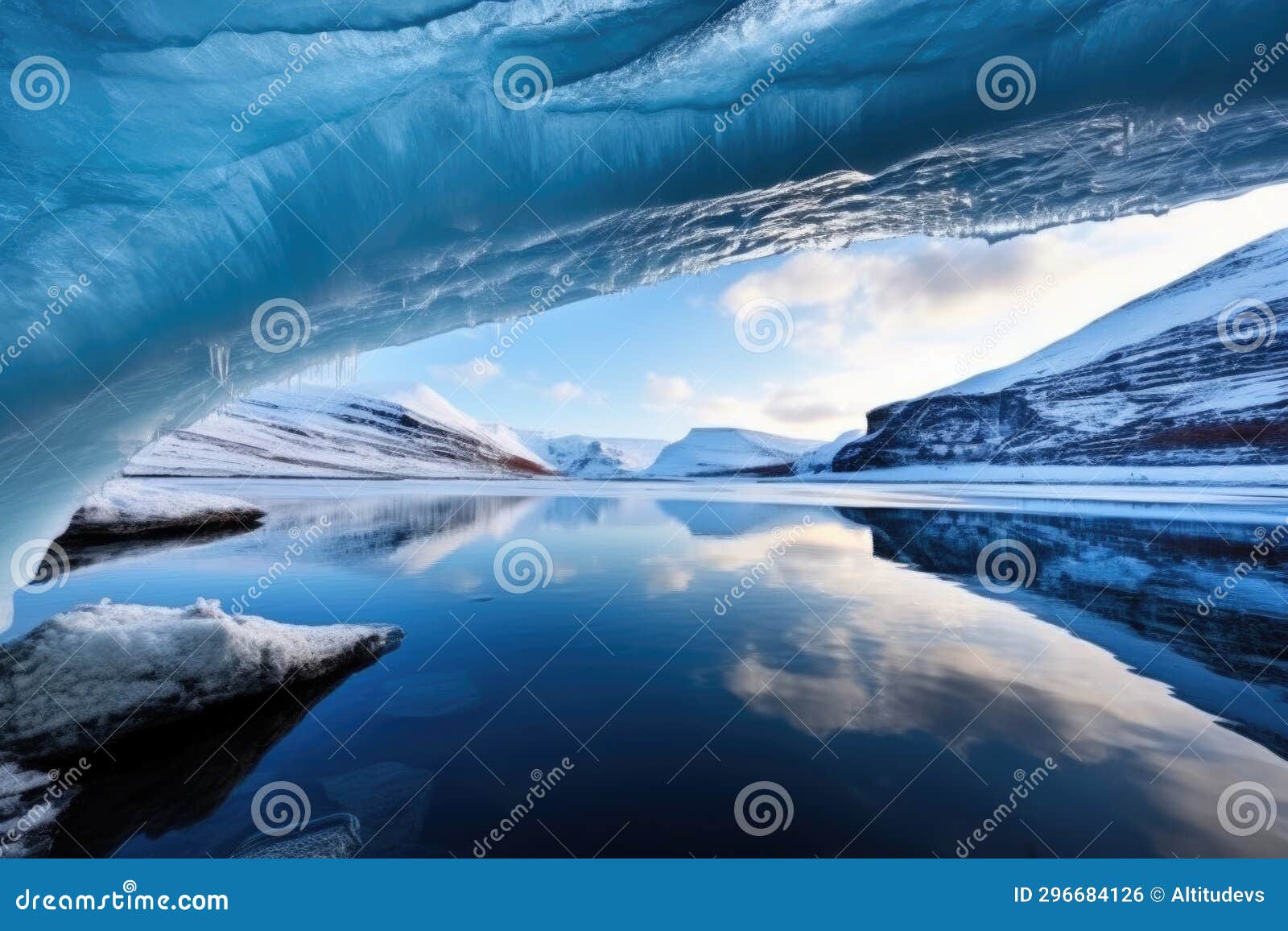 A Frozen Lake in Front of an Ice Cave Stock Photo - Image of landscape ...