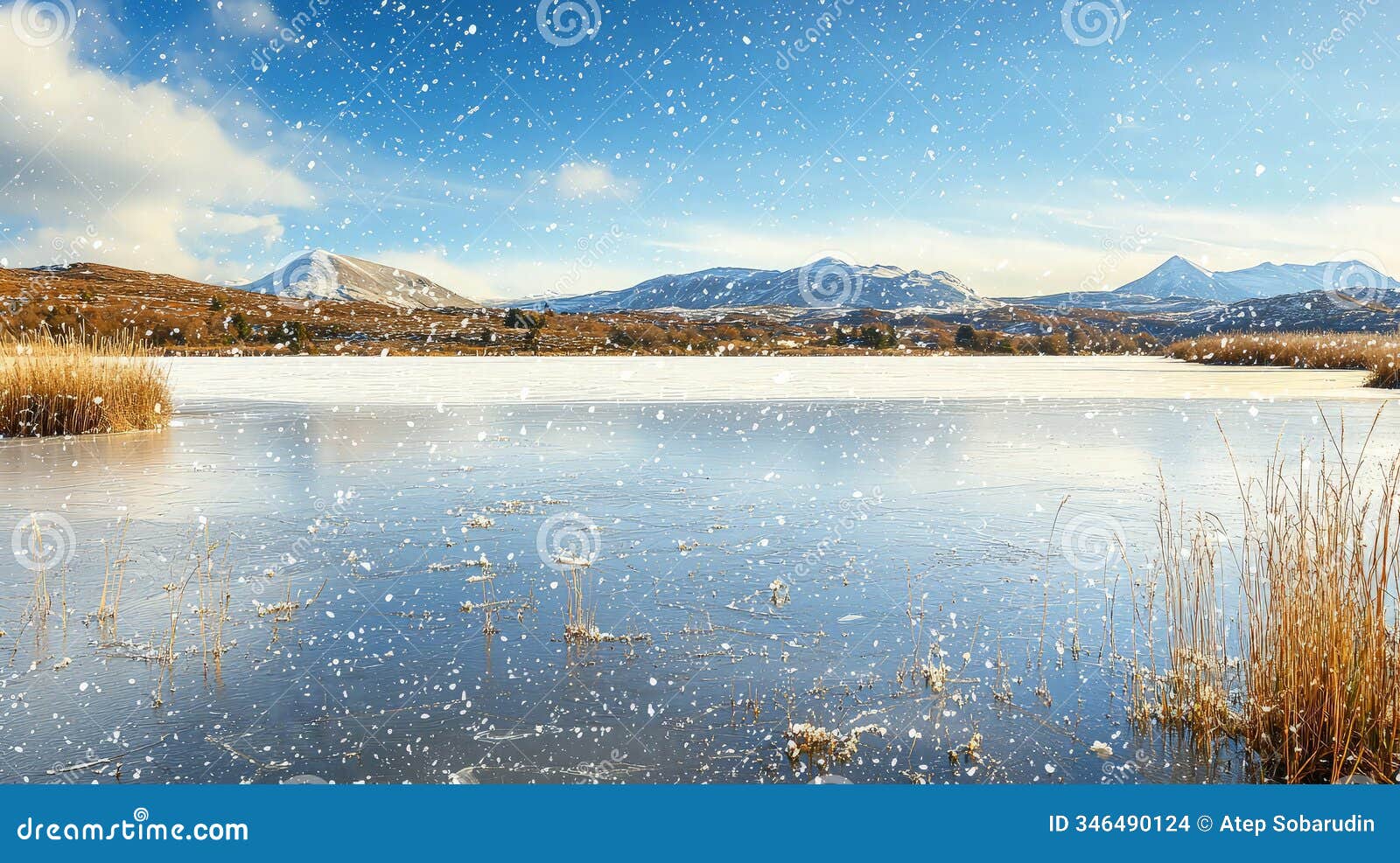 Frozen Lake, Snow Falling, Mountains in Background, Winter Landscape ...