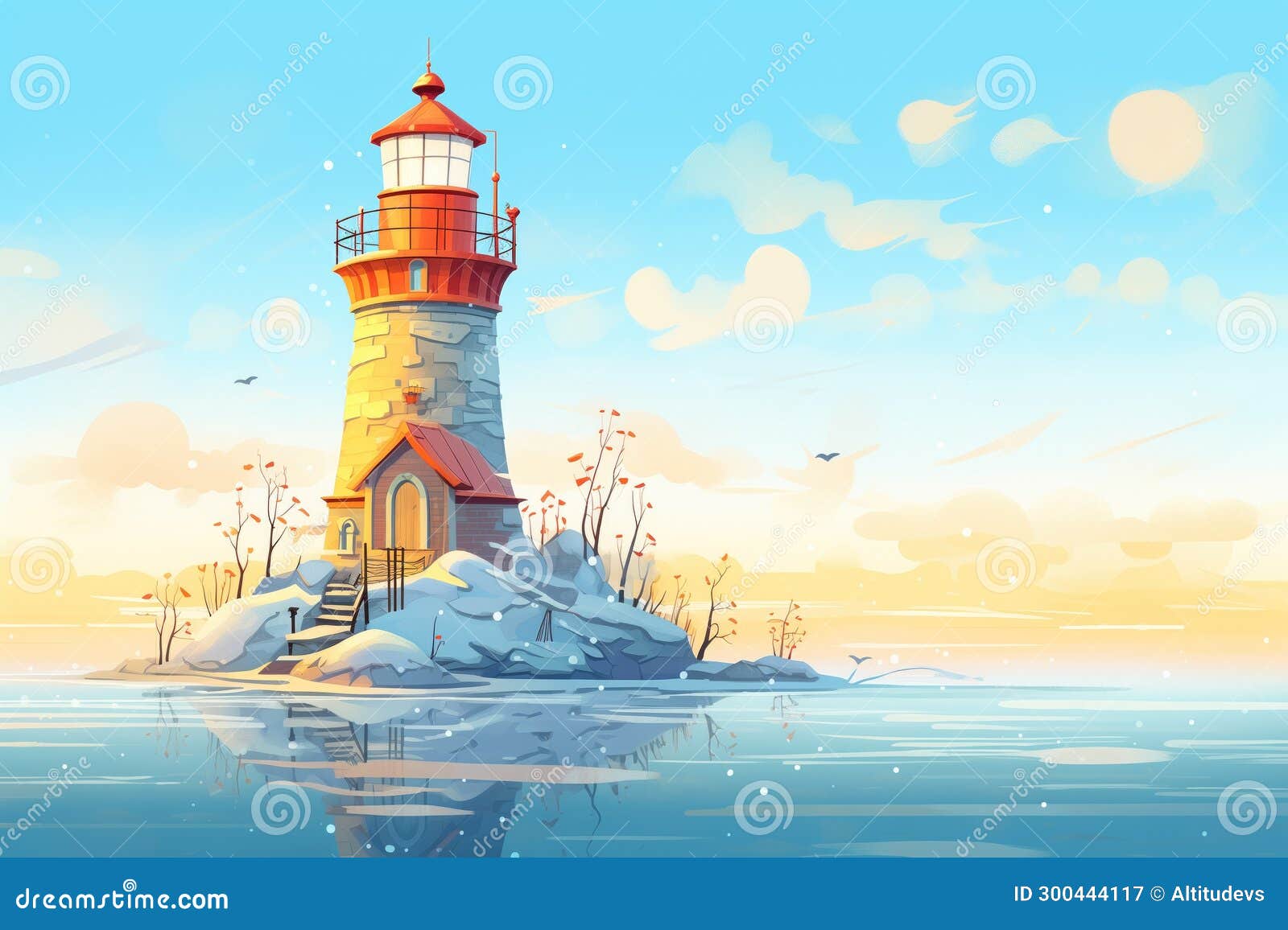 Frozen Lighthouse at Sunrise with Ice Glistening Around Stock Image ...