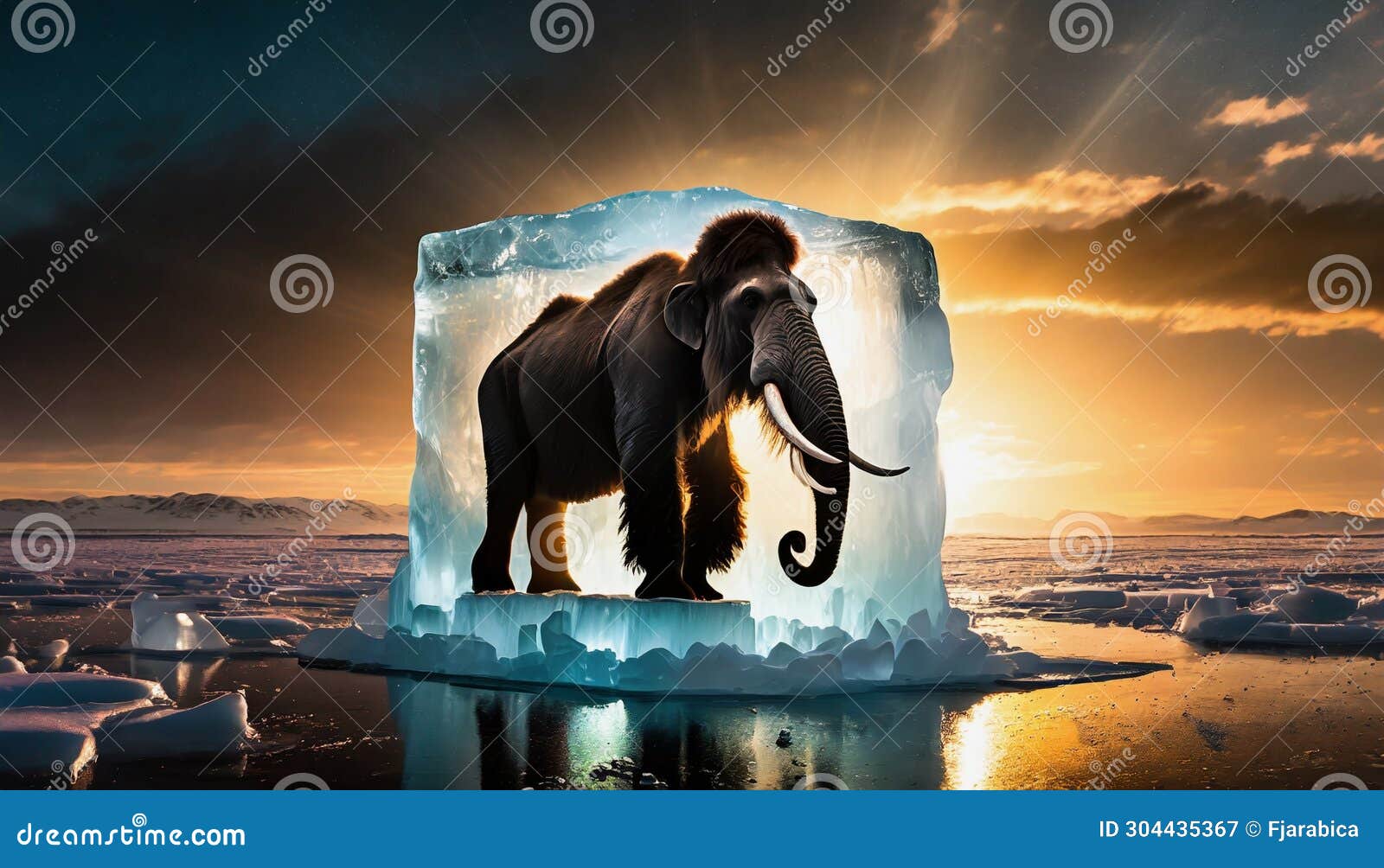 Frozen mammoth in ice cube stock illustration. Illustration of ...