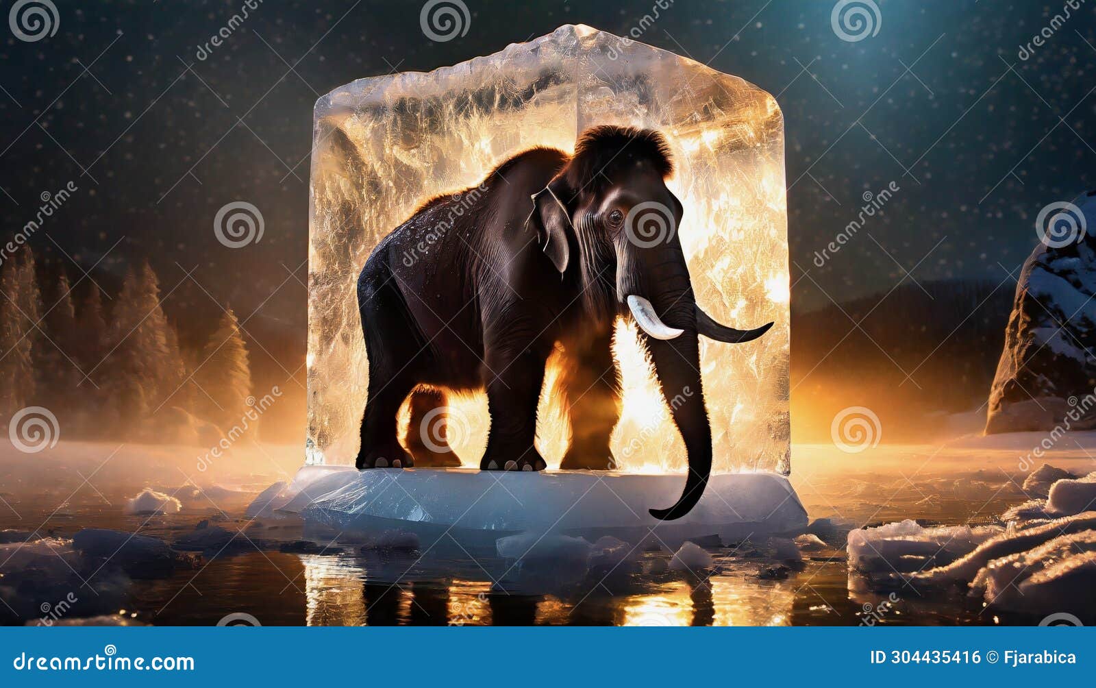 Frozen mammoth in ice cube stock illustration. Illustration of night ...