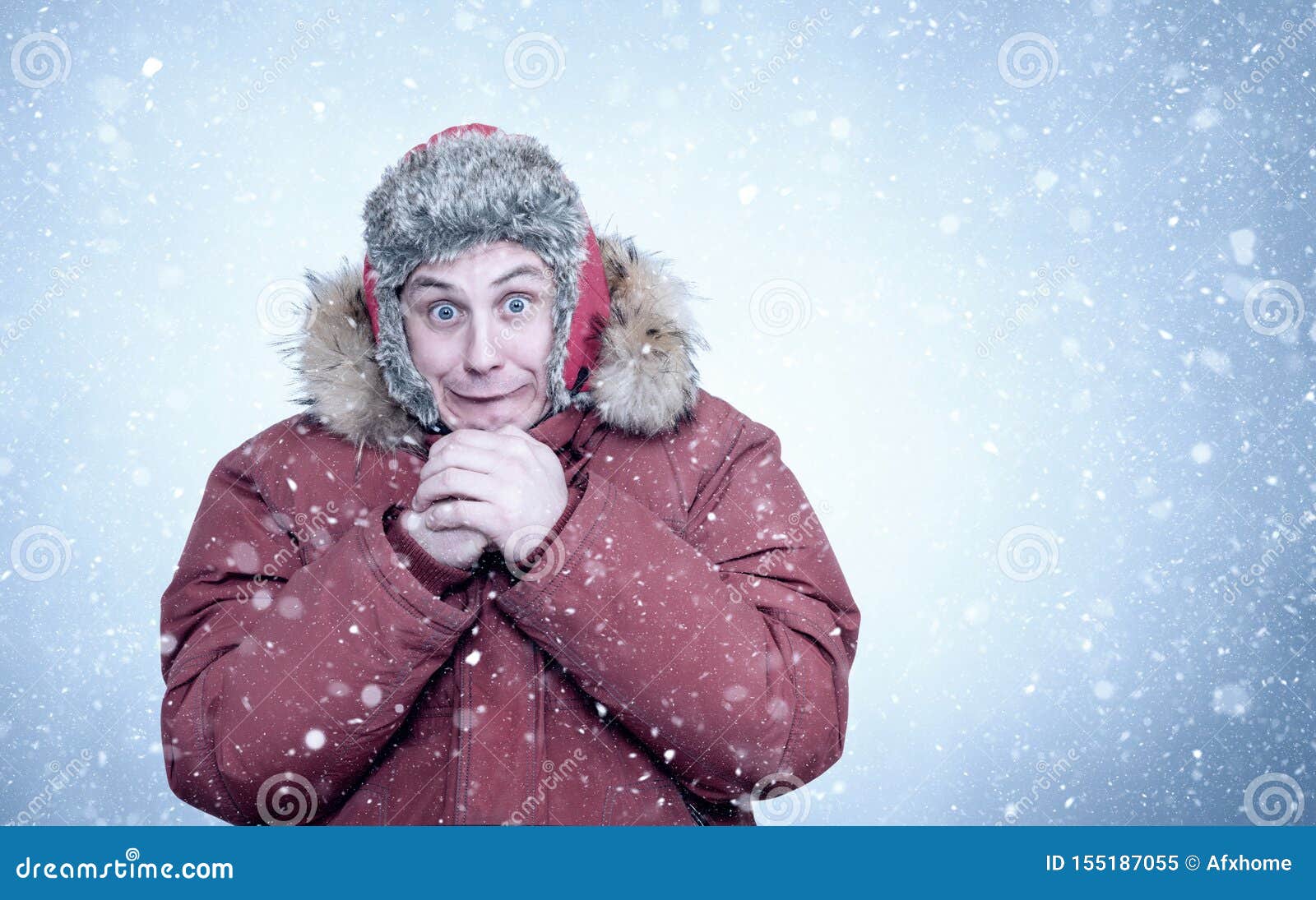Frozen Man in Red Winter Clothes Warming Hands, Cold, Snow, Frost ...
