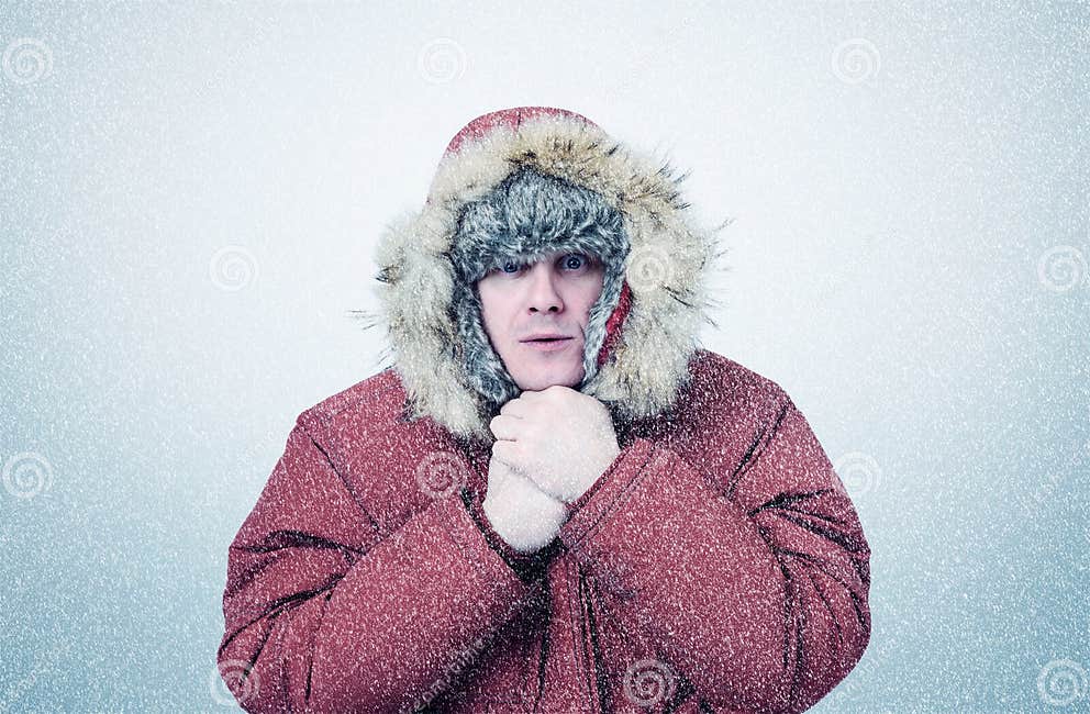 Frozen Man in Winter Clothes Warming Hands, Cold, Snow, Blizzard Stock ...