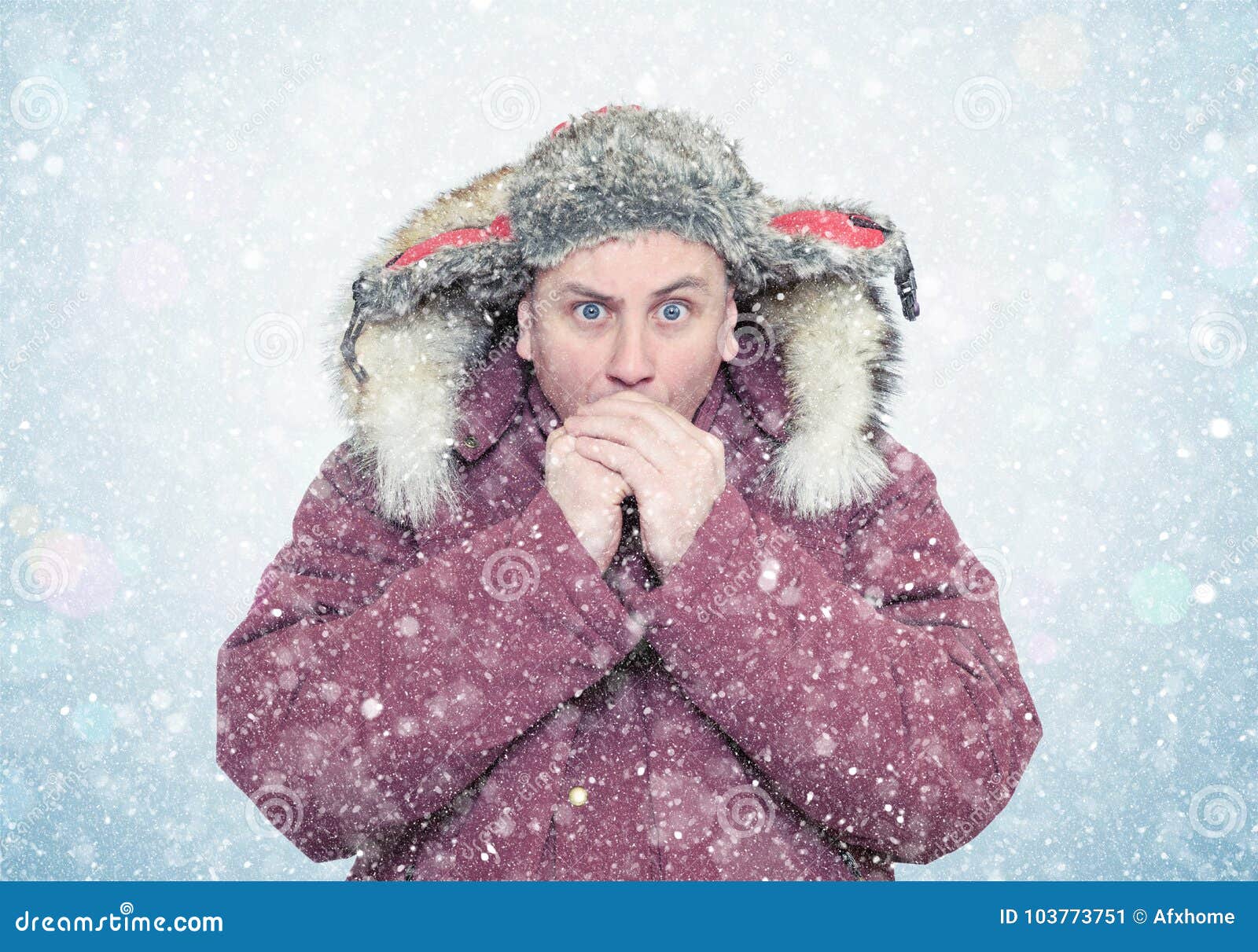 Frozen Man in Winter Clothes Warming Hands, Cold, Snow, Blizzard Stock ...