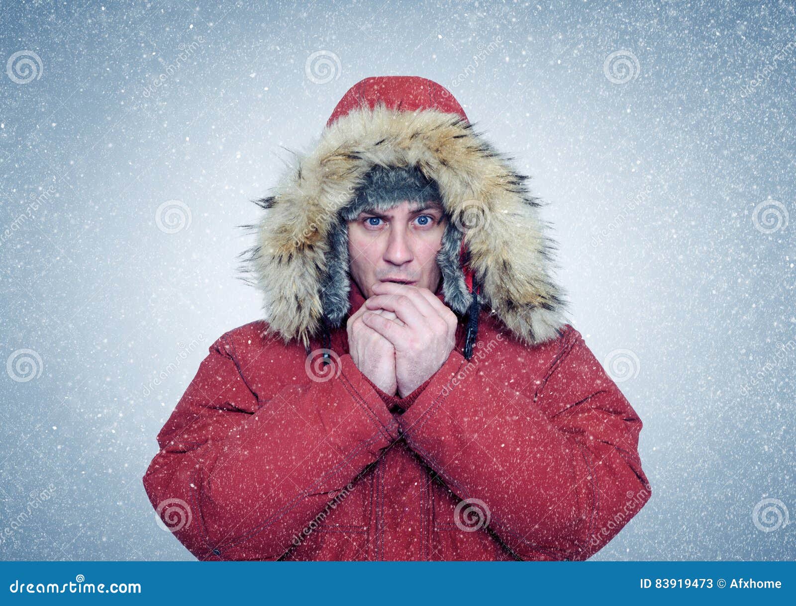 Frozen Man in Winter Clothes Warming Hands, Cold, Snow, Blizzard Stock ...