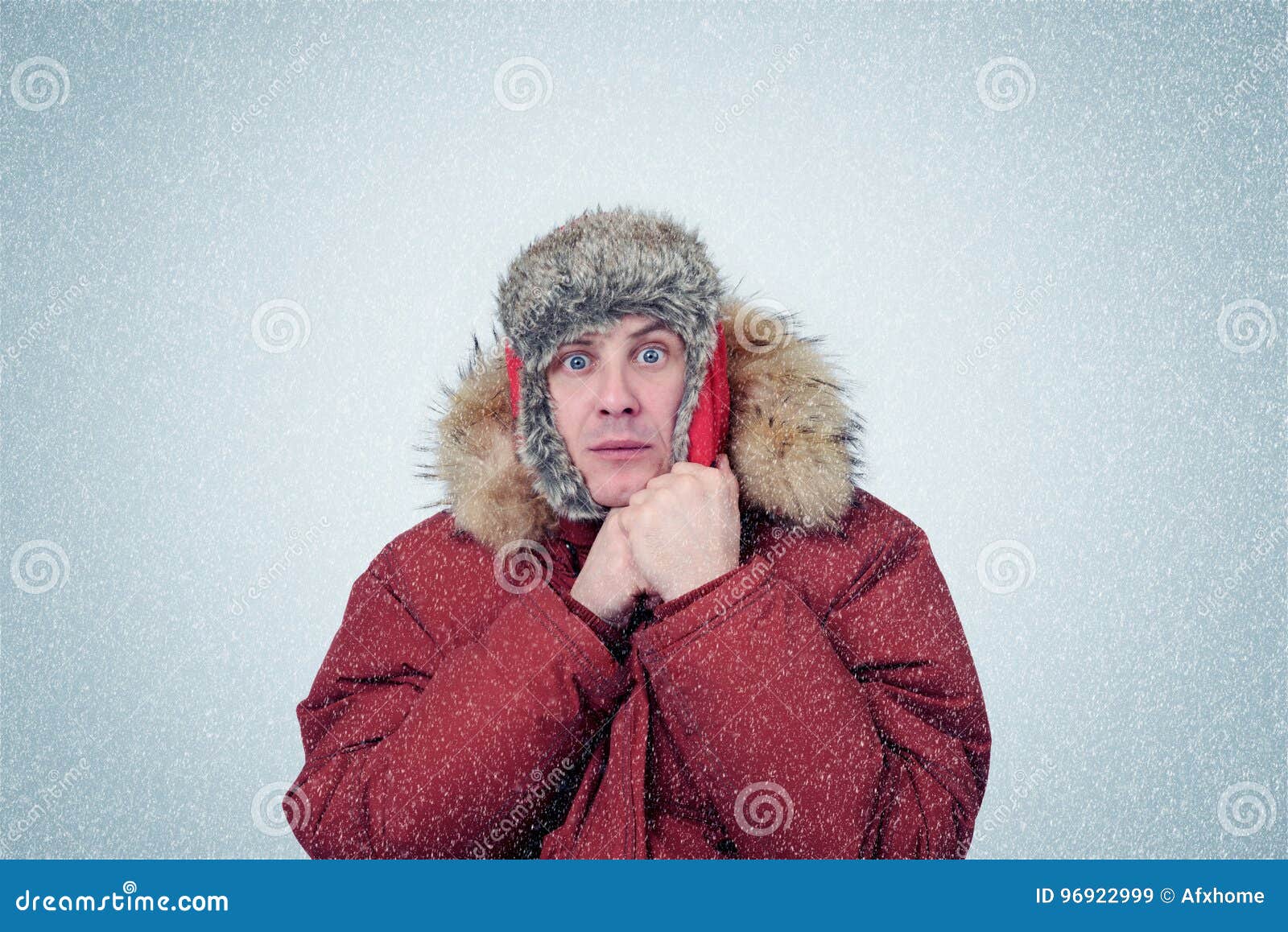 Frozen Man in Winter Clothes Warming Hands, Cold, Snow, Blizzard Stock ...