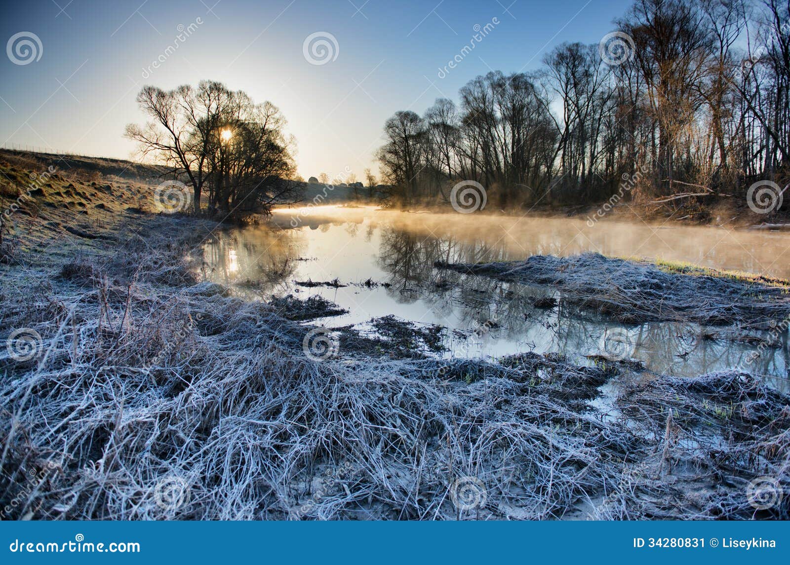 Frozen Morning Landscape with a River Stock Image - Image of frosted ...