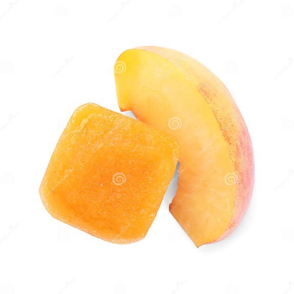 Frozen Nectarine Puree Cube and Fruit on White Background, Top View ...