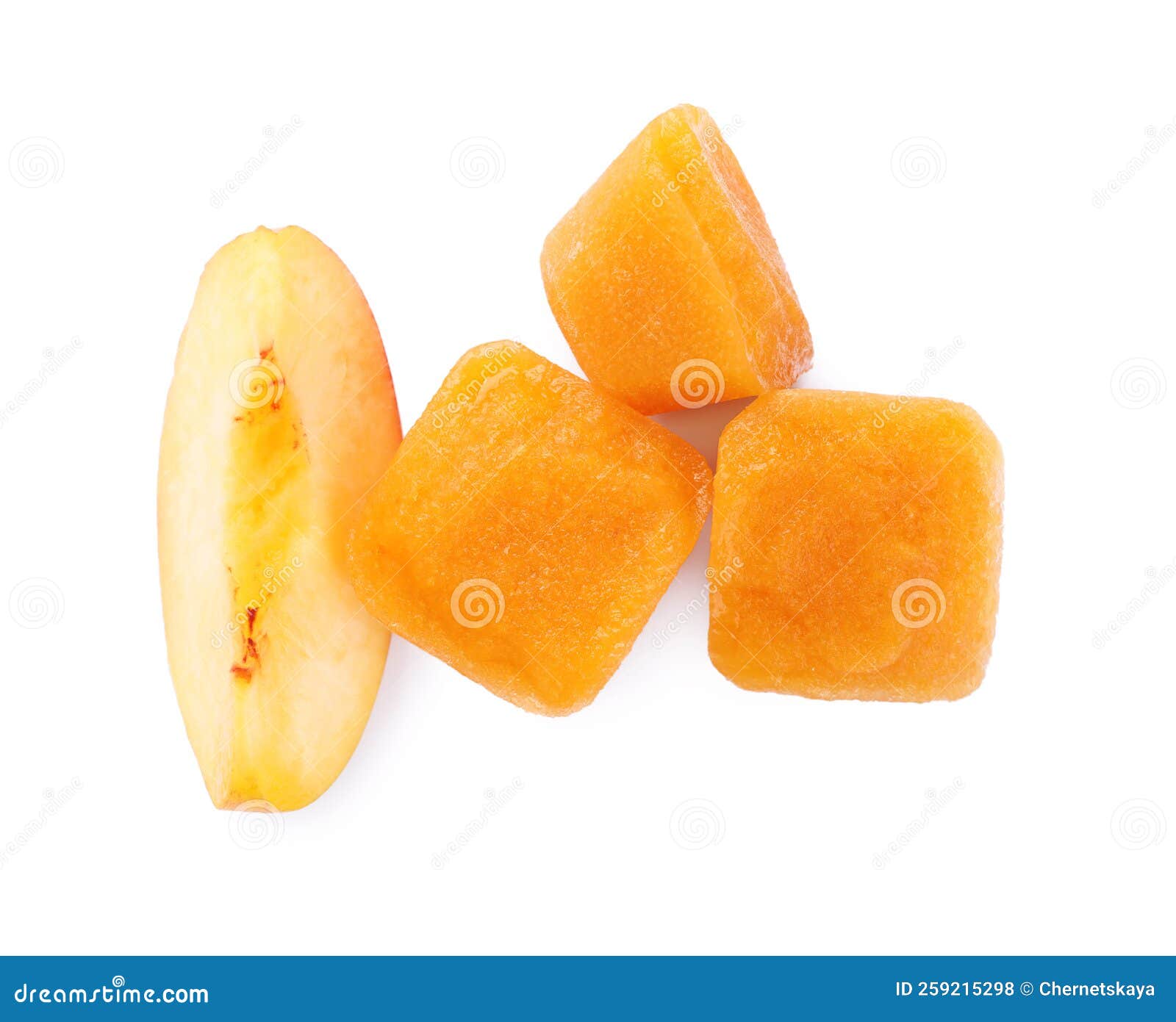 Frozen Nectarine Puree Cubes and Fruit on White Background, Top View ...