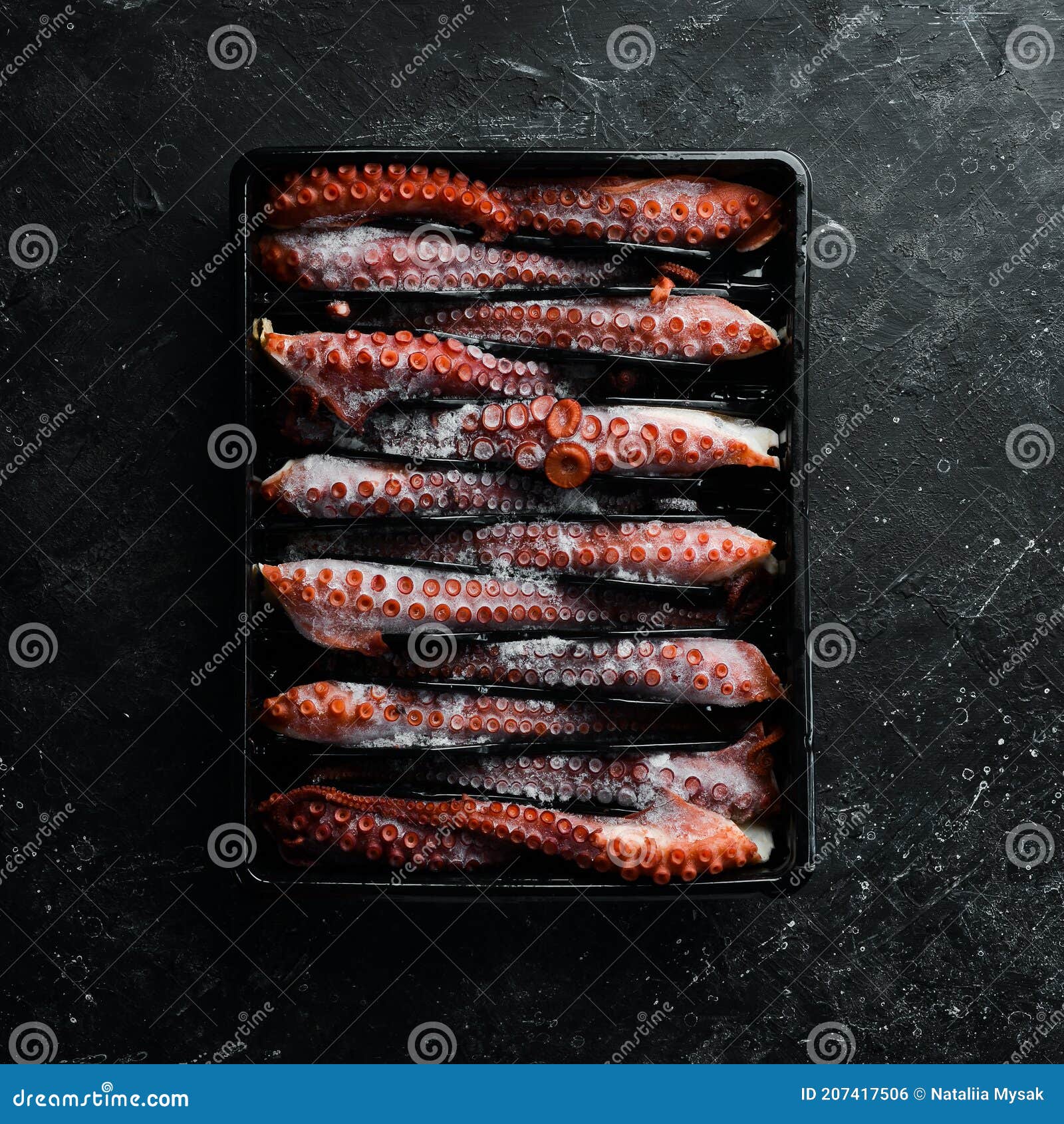 Frozen Octopus Tentacles in a Plastic Box. Stock Photo - Image of black ...