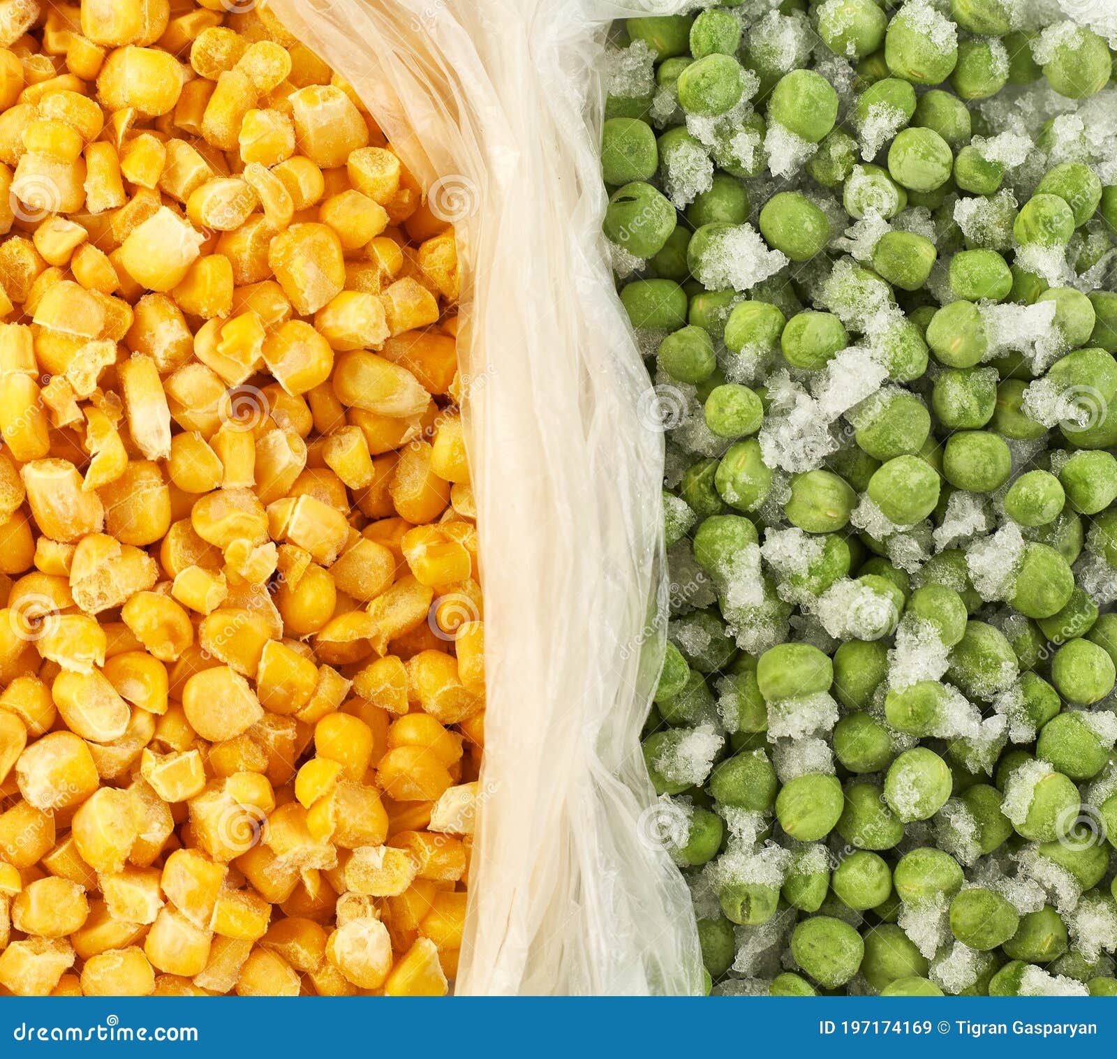Frozen and Packaged Corn and Green Peas in a Bag. Preparations for the ...