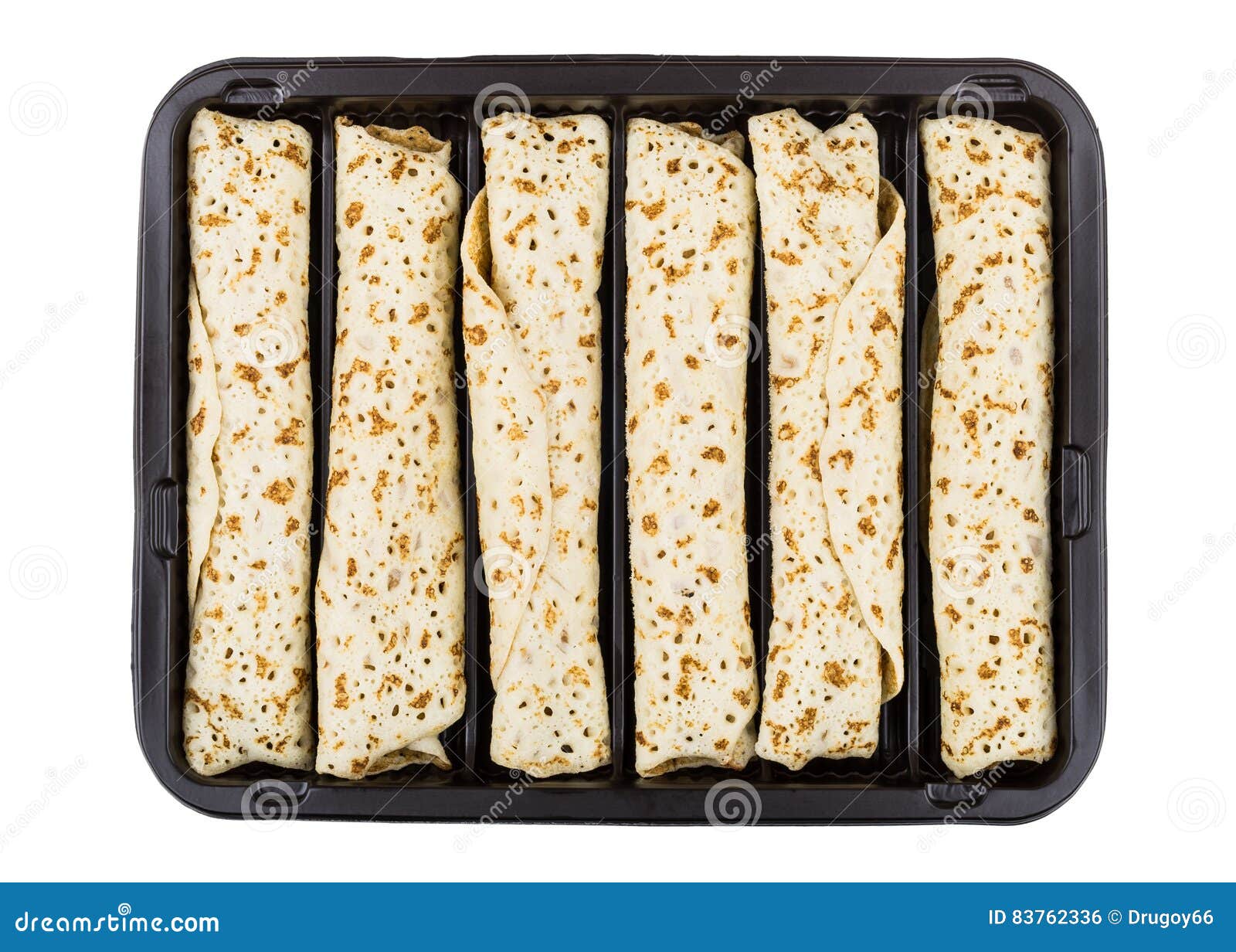 Frozen Pancake Stuffed in Black Plastic Tray Isolated on White Stock ...