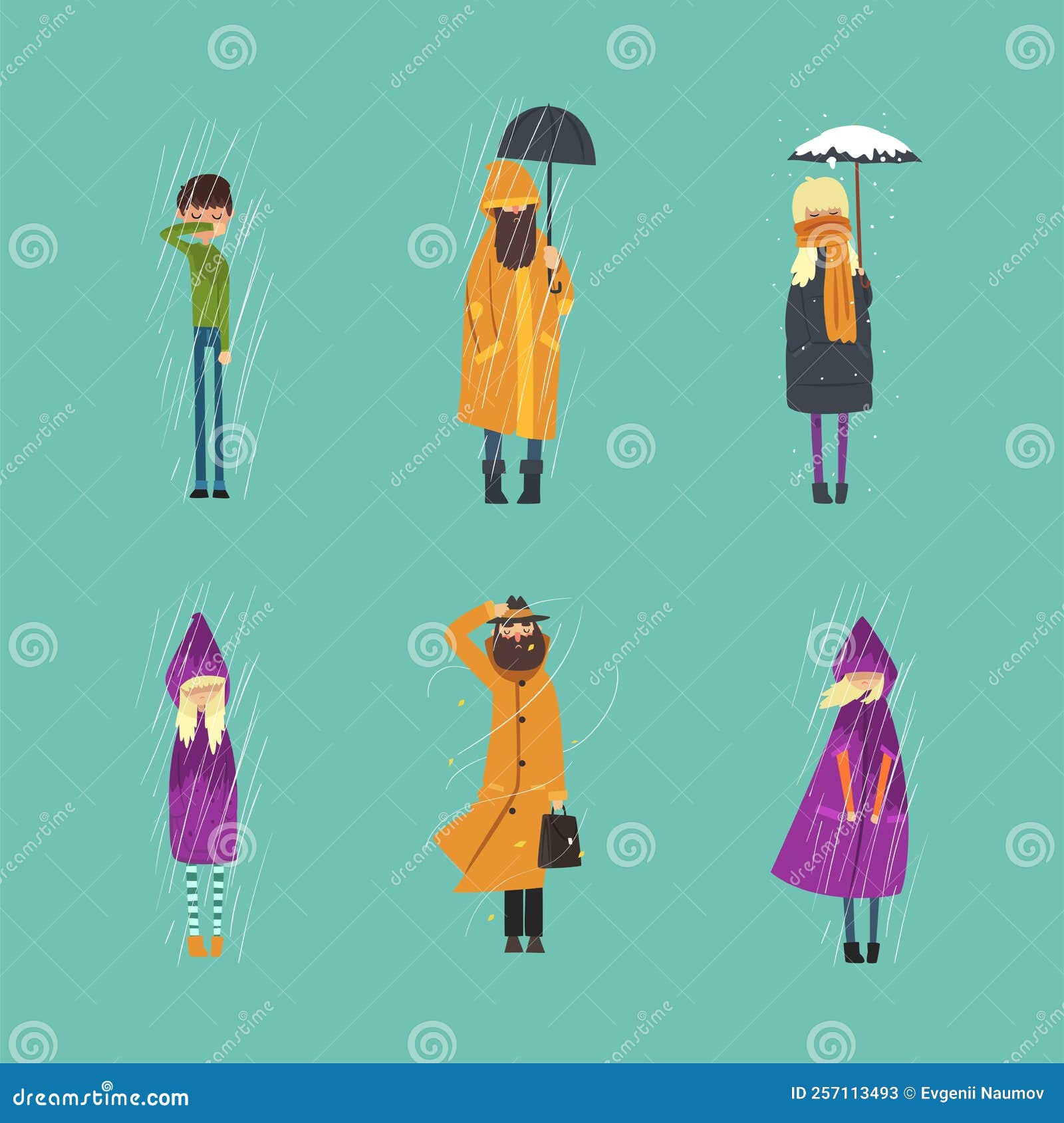 Frozen People Standing in Heavy Rain and Cold Wind Set Vector ...
