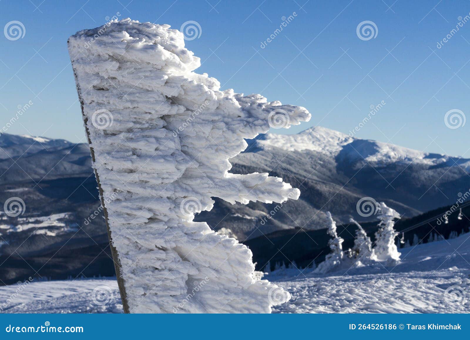 Frozen Pillars with Blown Snow and Icicles, Snow Flags in the Mountains ...