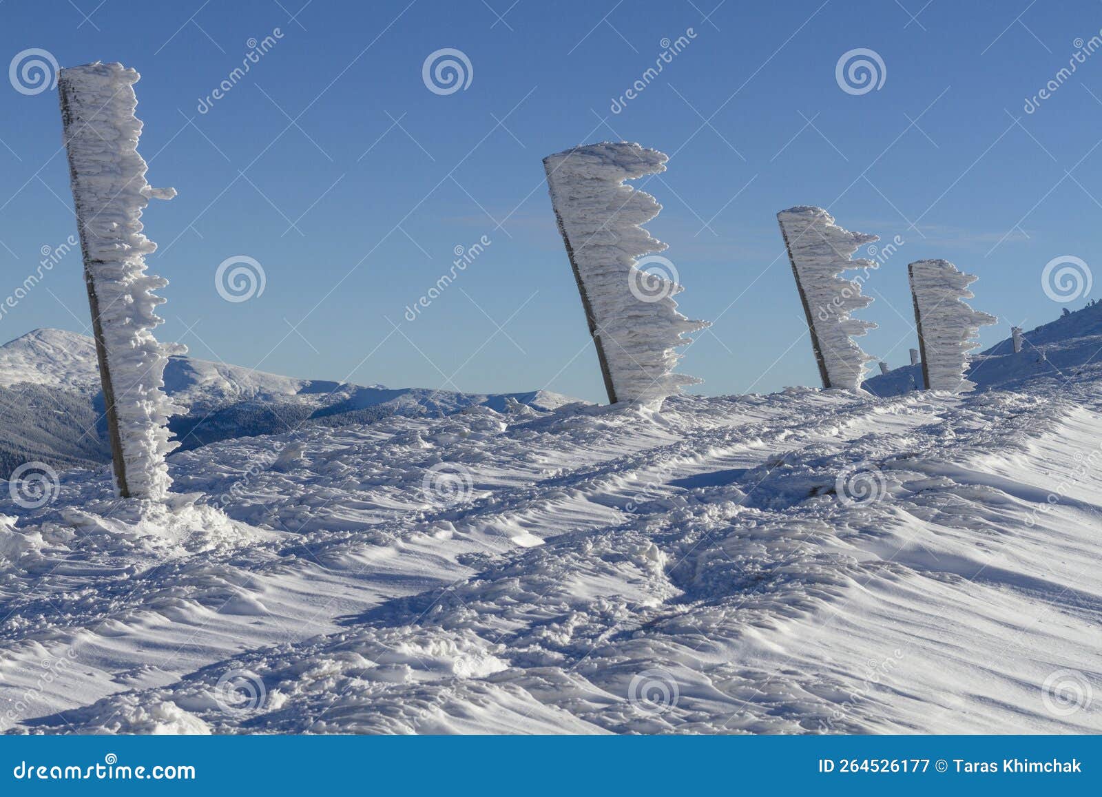 Frozen Pillars with Blown Snow and Icicles, Snow Flags in the Mountains ...