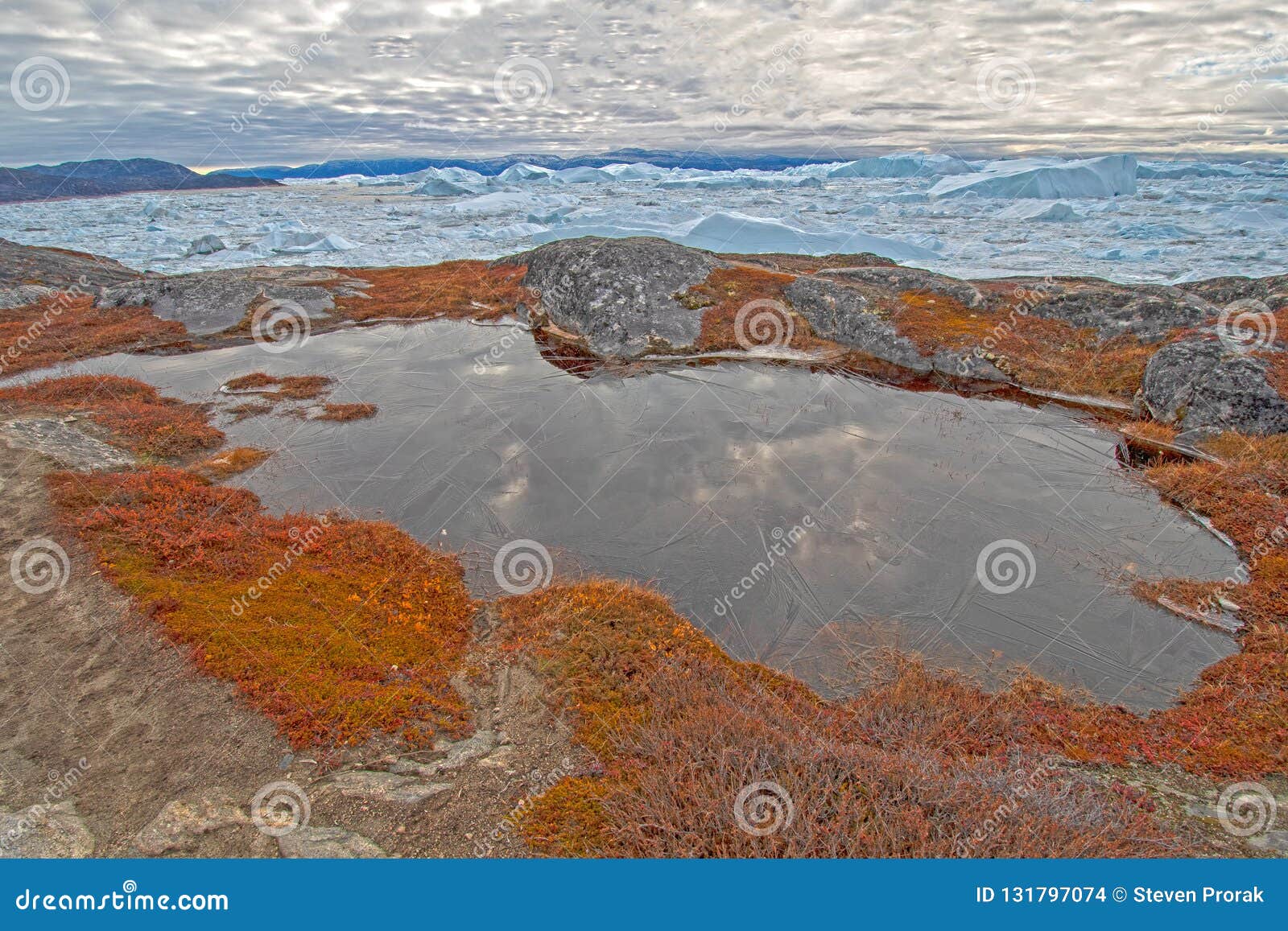 Frozen Pond, Reflections, and Ice in the Fall in the Arctic Stock Photo ...