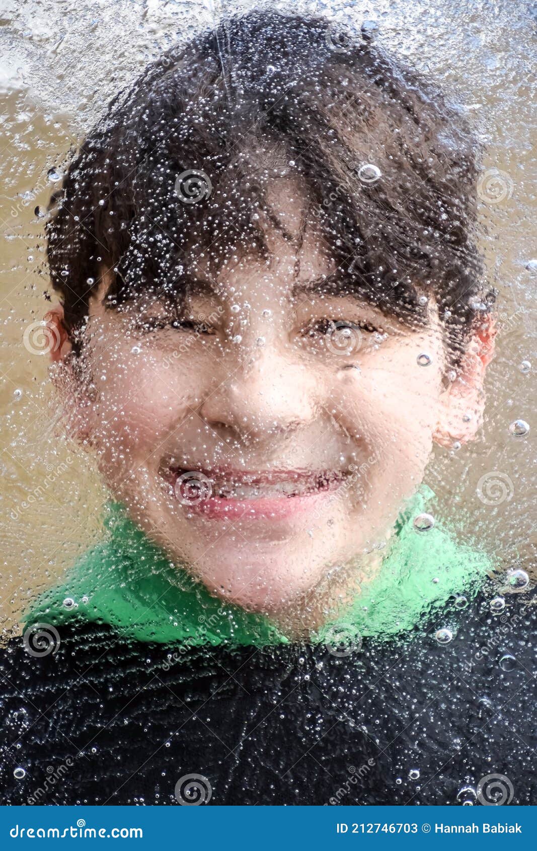 Frozen Portrait, Boy Smiling through Sheet of Ice Stock Image - Image ...
