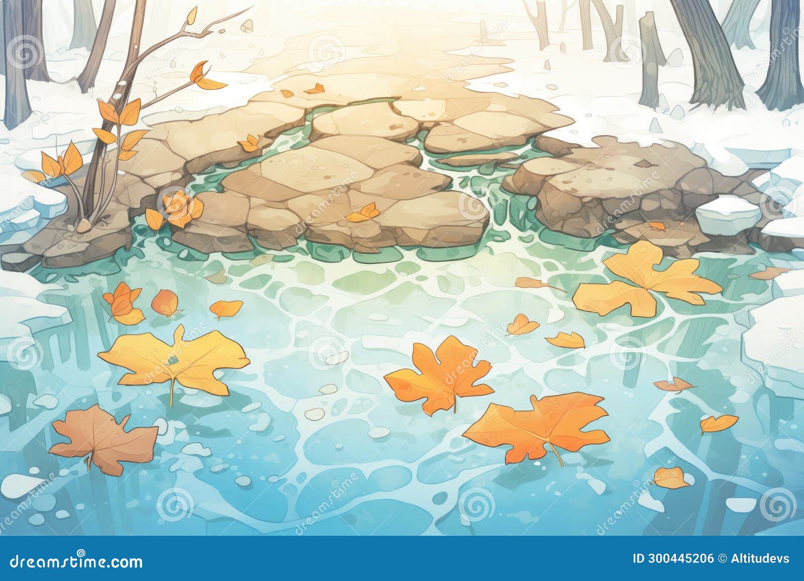 Frozen Puddle with Leaves Encased in Ice beside a Dirt Path Stock Photo ...