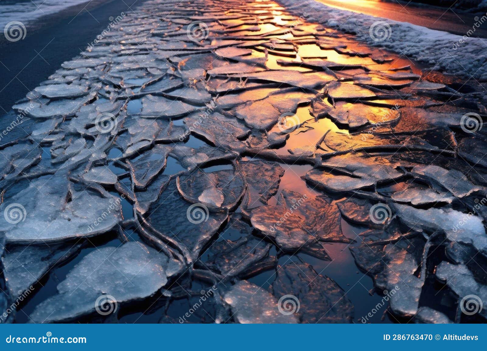 Frozen Puddles on Icy Pavement Creating Abstract Shapes Stock Photo ...