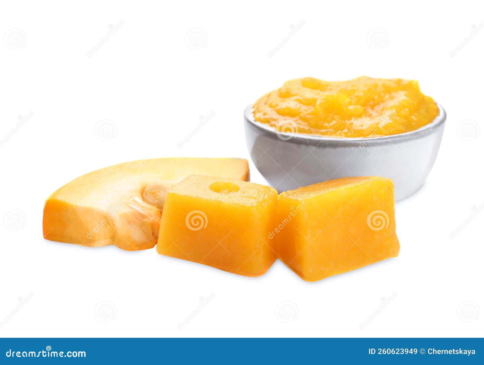 Frozen Pumpkin Puree Cubes and Fresh Pumpkin Isolated on White Stock ...