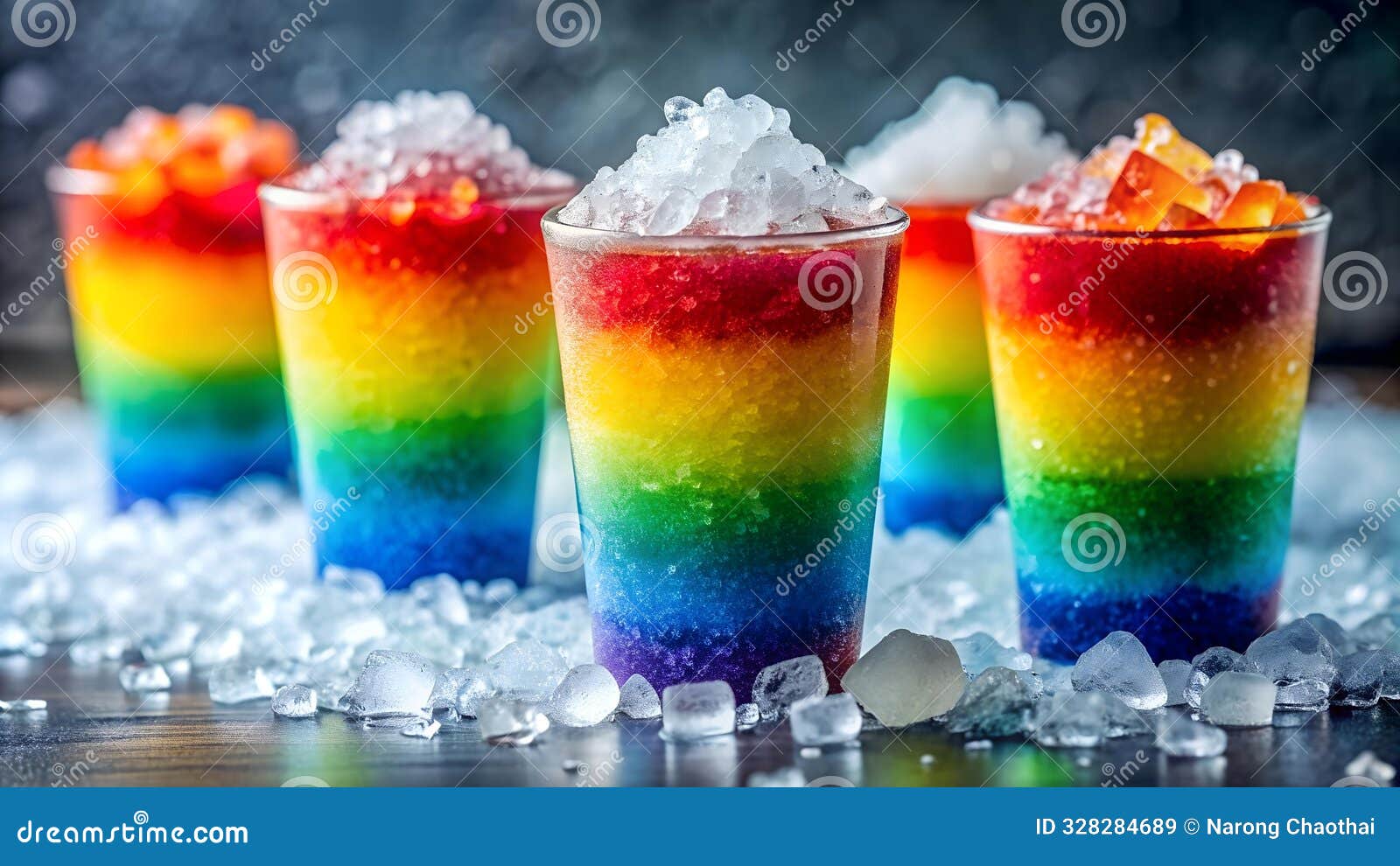 Frozen Rainbow Slush Drinks Chilling on a Bed of Sparkling Ice ...