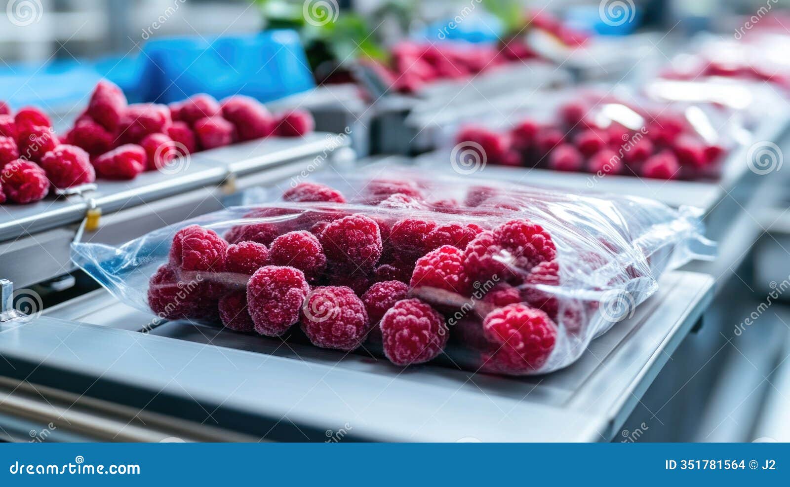 Frozen Raspberries in Plastic Packaging on Conveyor Belt in Food ...