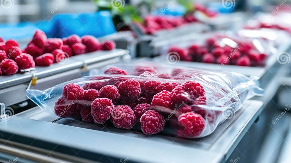 Frozen Raspberries in Plastic Packaging on Conveyor Belt in Food ...