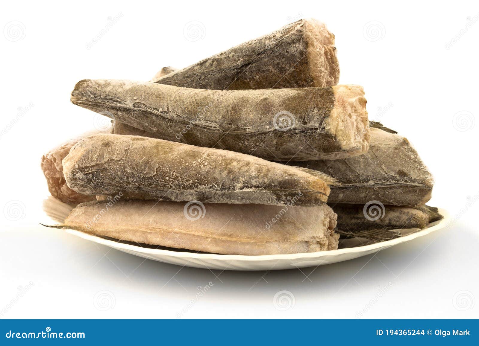 Frozen Raw Fish Hake, Pollock on the Plate Isolated on White Background ...