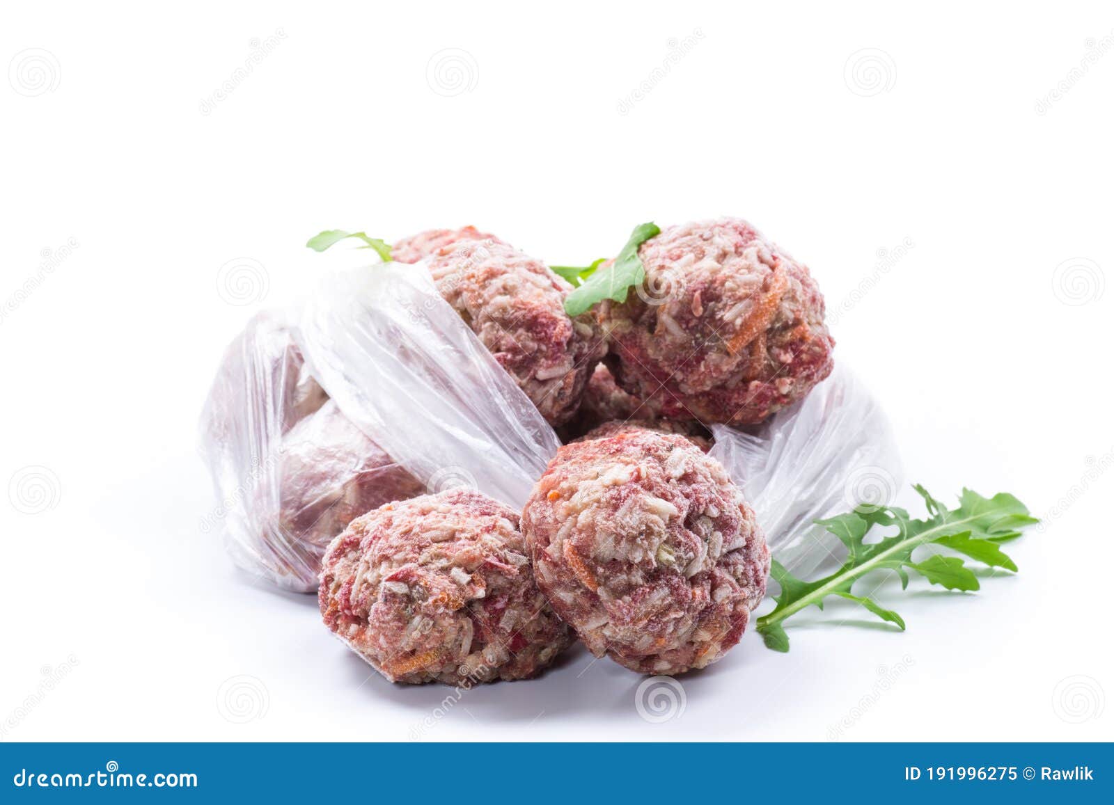 Frozen Raw Meatballs From Beef And Pork With Carrots And Rice Stock