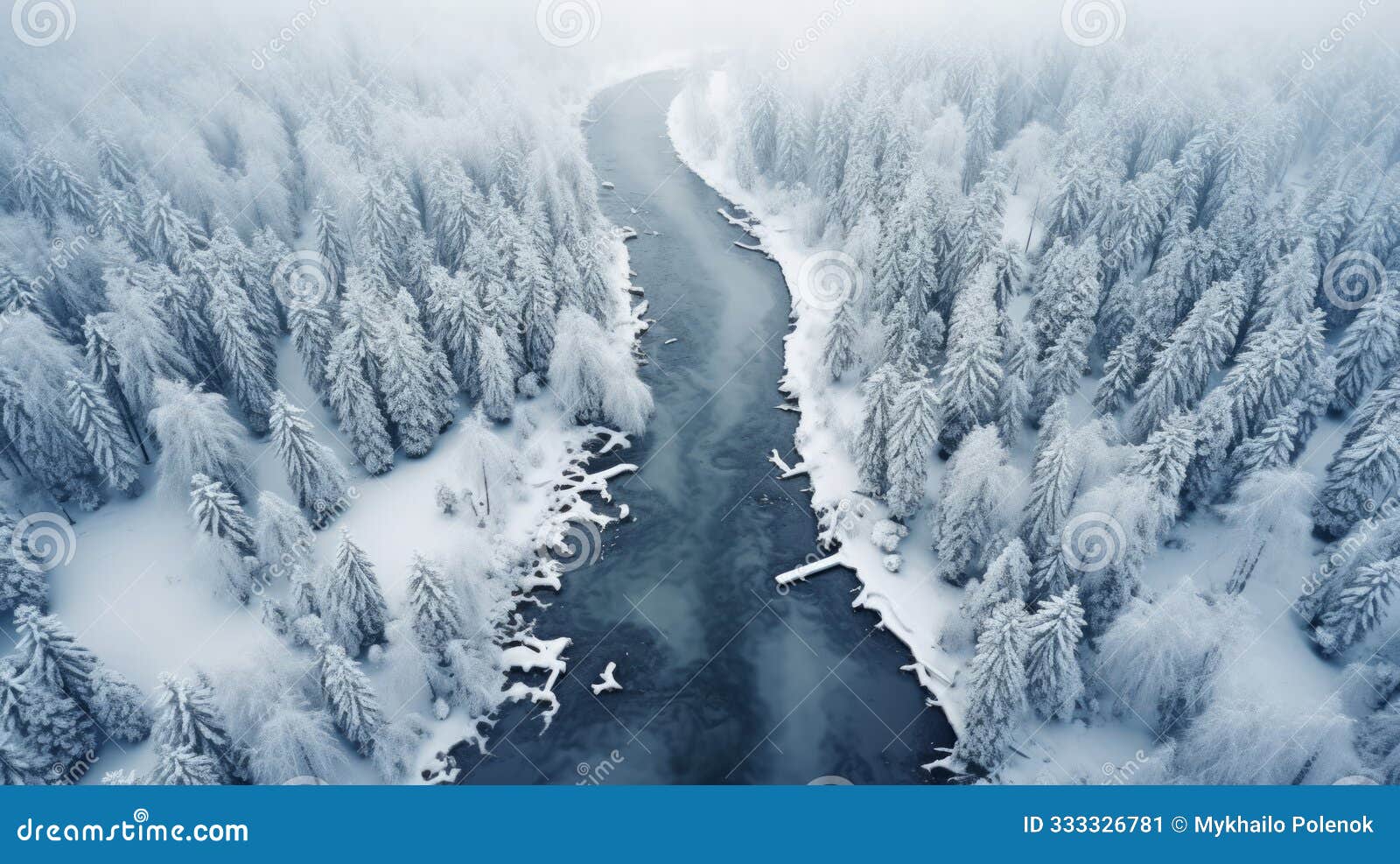 Frozen River in Cold Snowy Forest Area in Winter Time. Neural Network ...