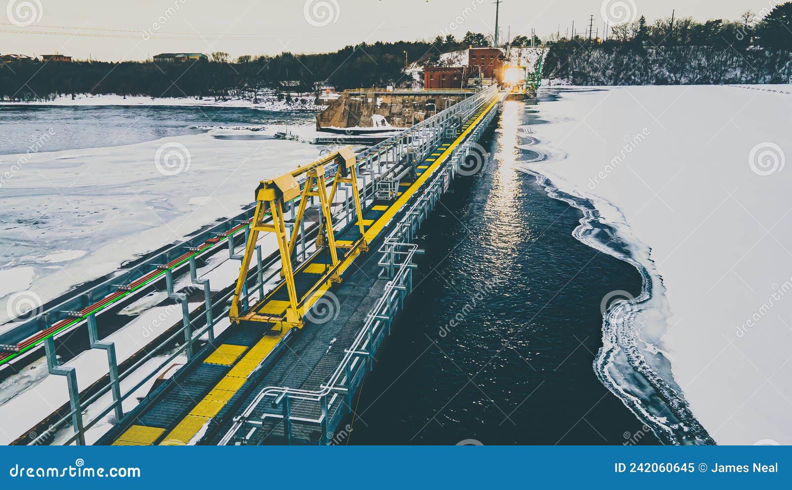 At Dusk the Old Snow Covered Dam Stock Image - Image of place, lake ...