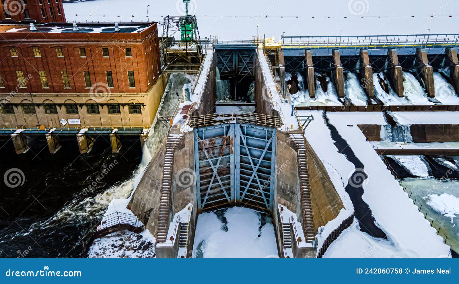 At Dusk the Old Snow Covered Dam Stock Photo - Image of engineering ...
