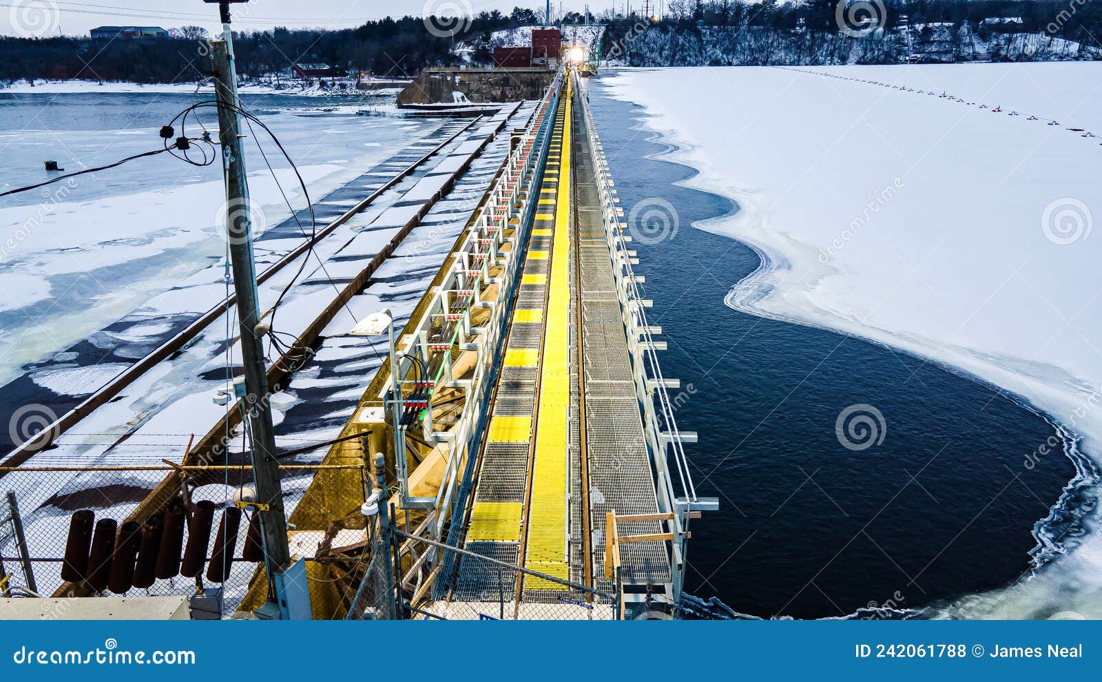 At Dusk the Old Snow Covered Dam Stock Photo - Image of scene, path ...