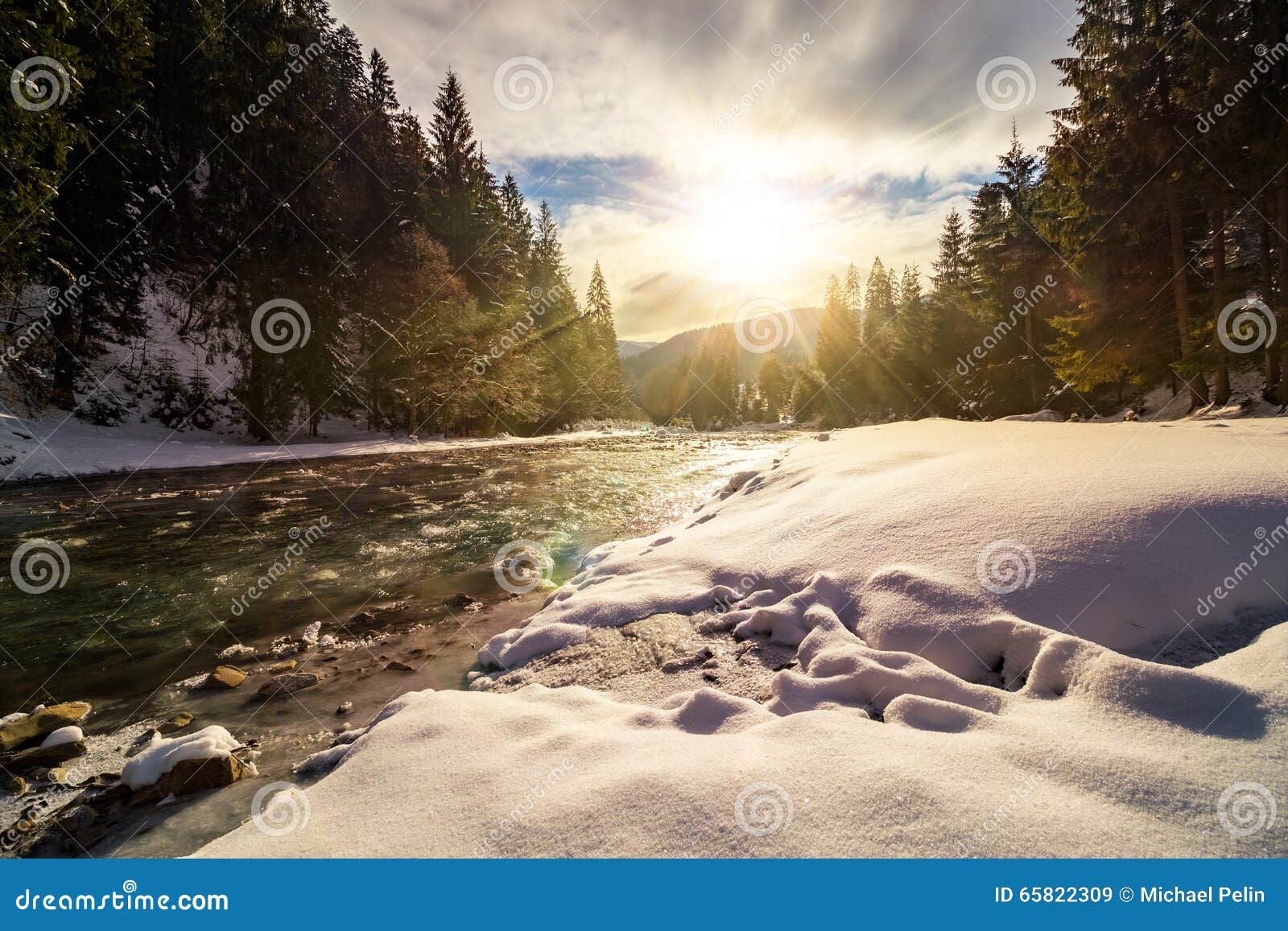 Frozen River in Forest at Sunset Stock Image - Image of rock, forest ...