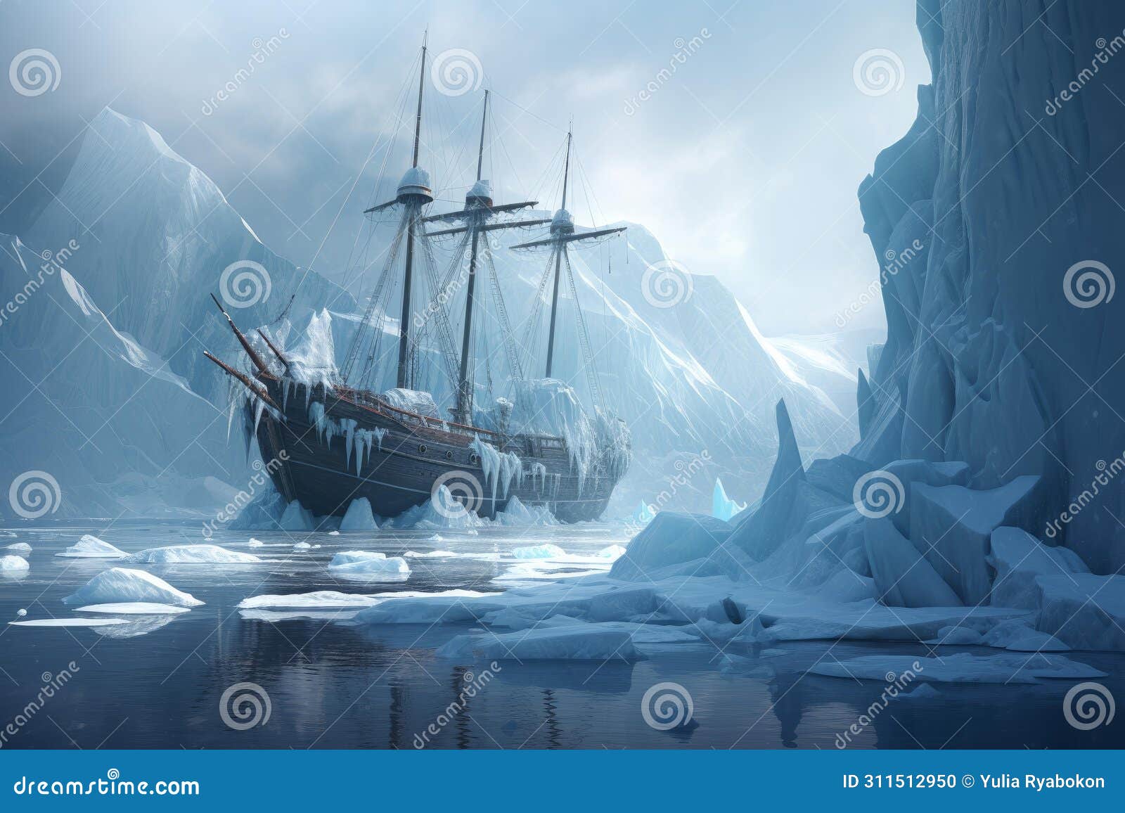 Frozen Ship Navigating Through Icy Arctic Waters Under Northern Lights ...