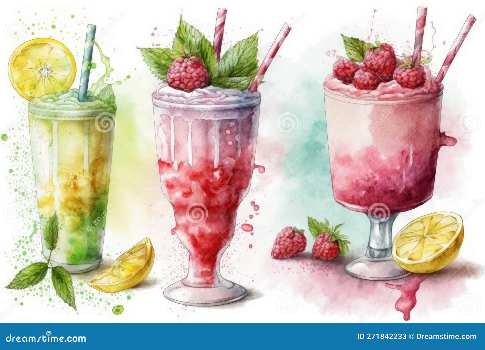 Frozen Smoothie, Raspberry Sherbet in Glasses with Fresh Lemon and Mint ...