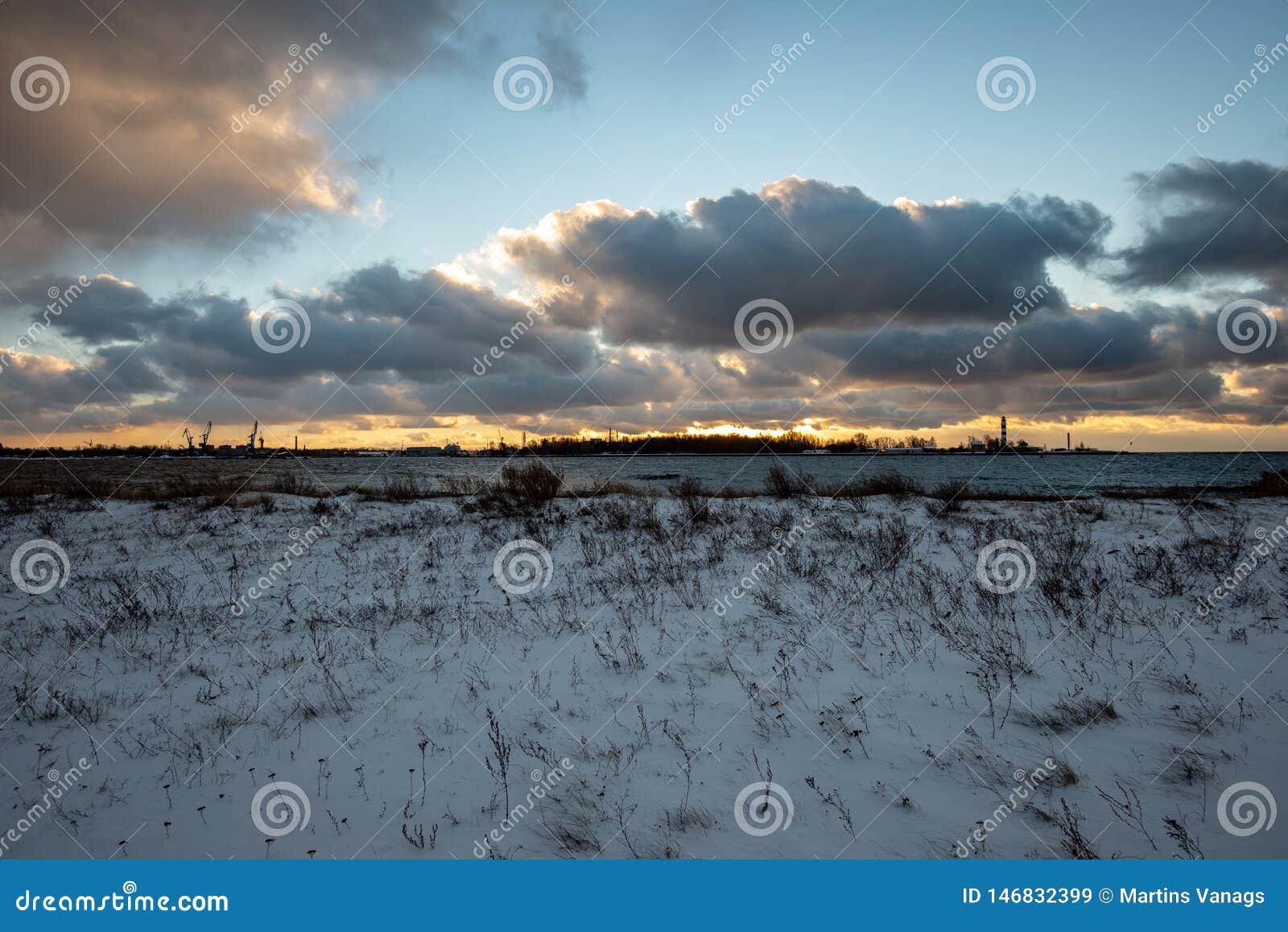 Frozen Snow Covered Beach by the Sea Stock Image - Image of reflection ...