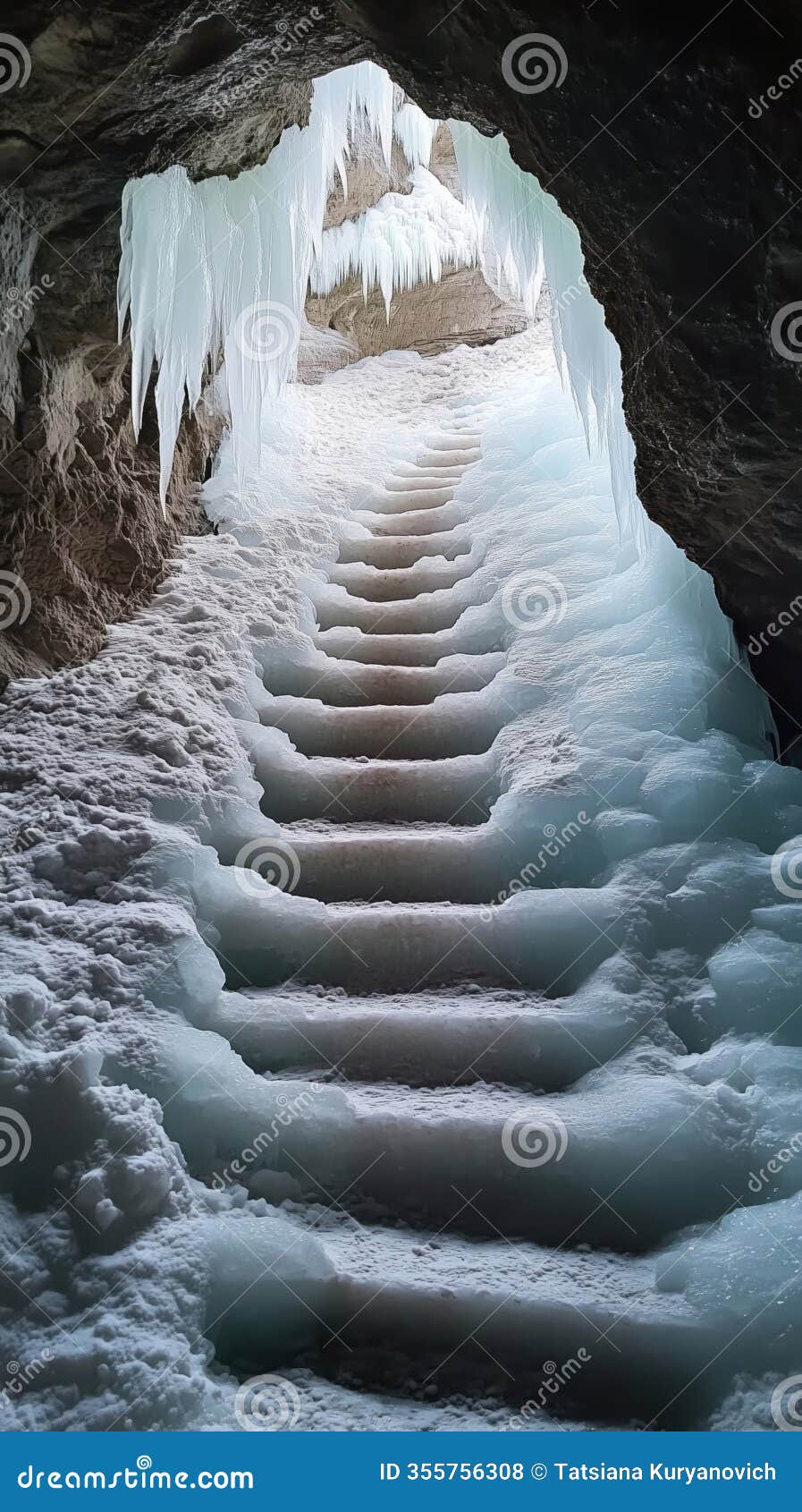 Frozen Staircase Leading into Icy Cave with Stalactites and Snow ...