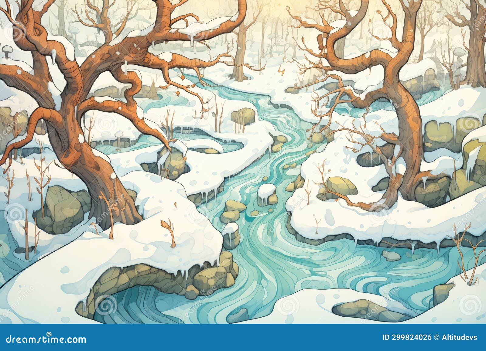 Frozen Stream Winding through Snowy Trees Stock Photo - Image of ...