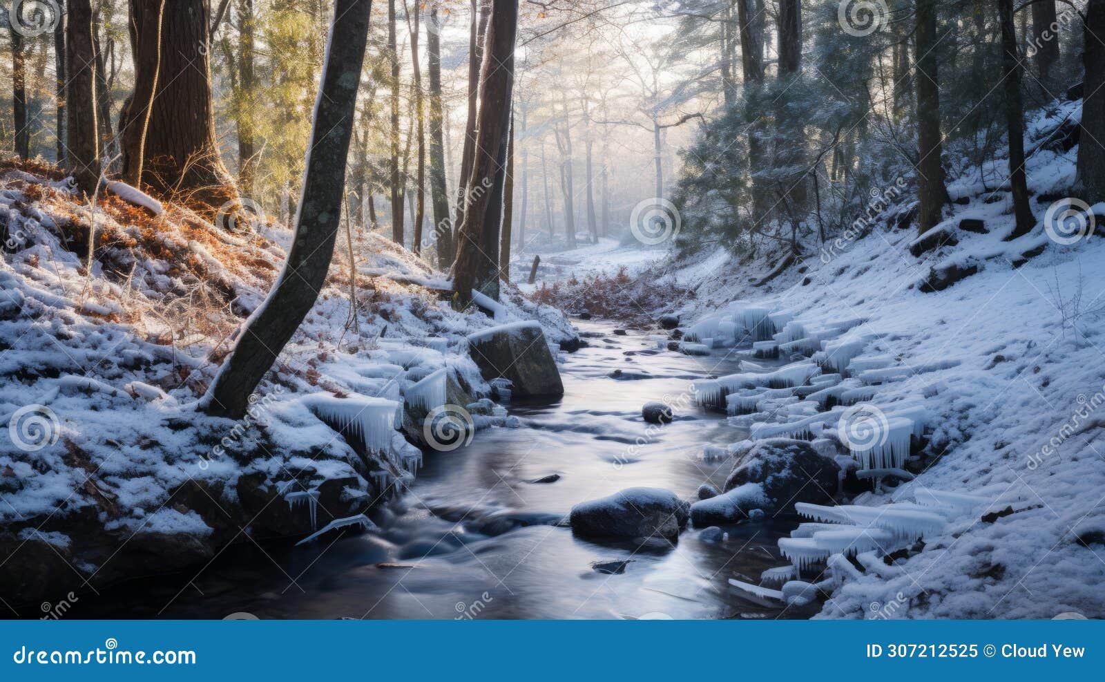 A Frozen Stream Winding through the Woods Stock Illustration - Illustration of white, cold ...