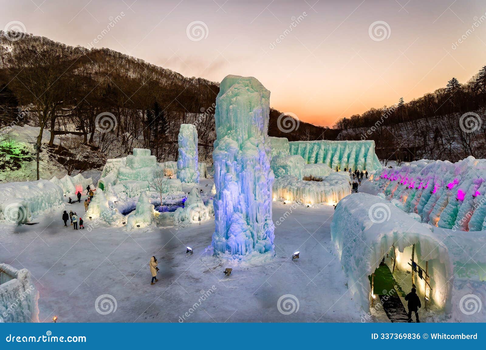 Frozen Vertical Ice Pillars at Lake Shikotsu at Sunset Stock Photo ...